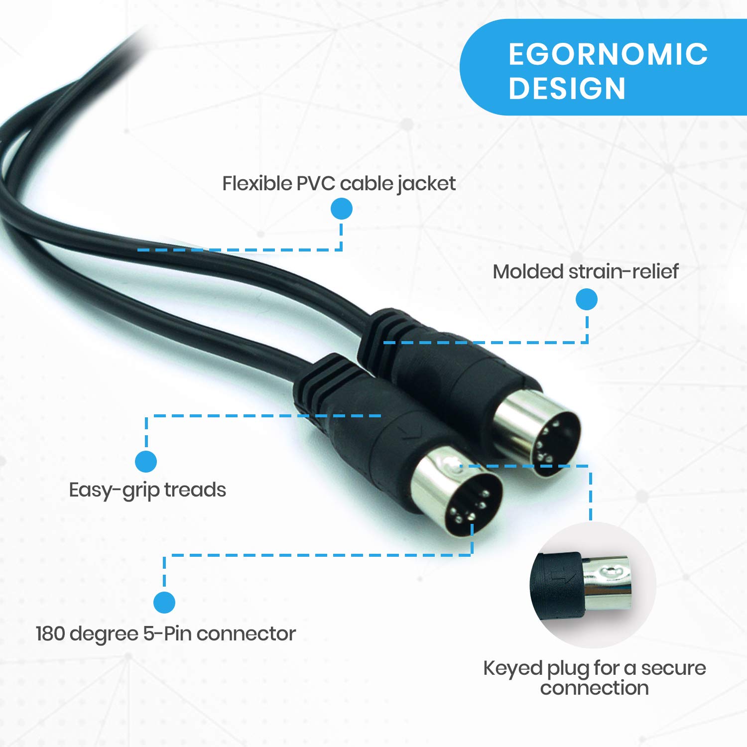 VARA 8 ft White 5-Pin DIN to 5-Pin DIN MIDI Cable Compatible with Synthesizers, Electric Drums, Keyboards, Home Studio