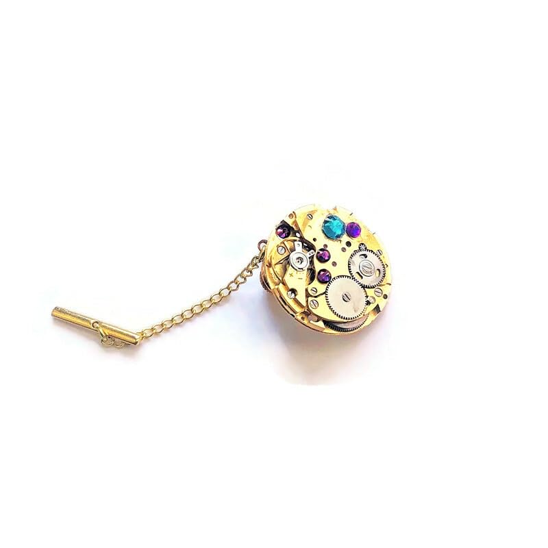 Steampunk Tie Pin Tie Tack Vintage Golden Watch Movement Men's Gift Groom Red Green Purple Swarowski Rhinestones