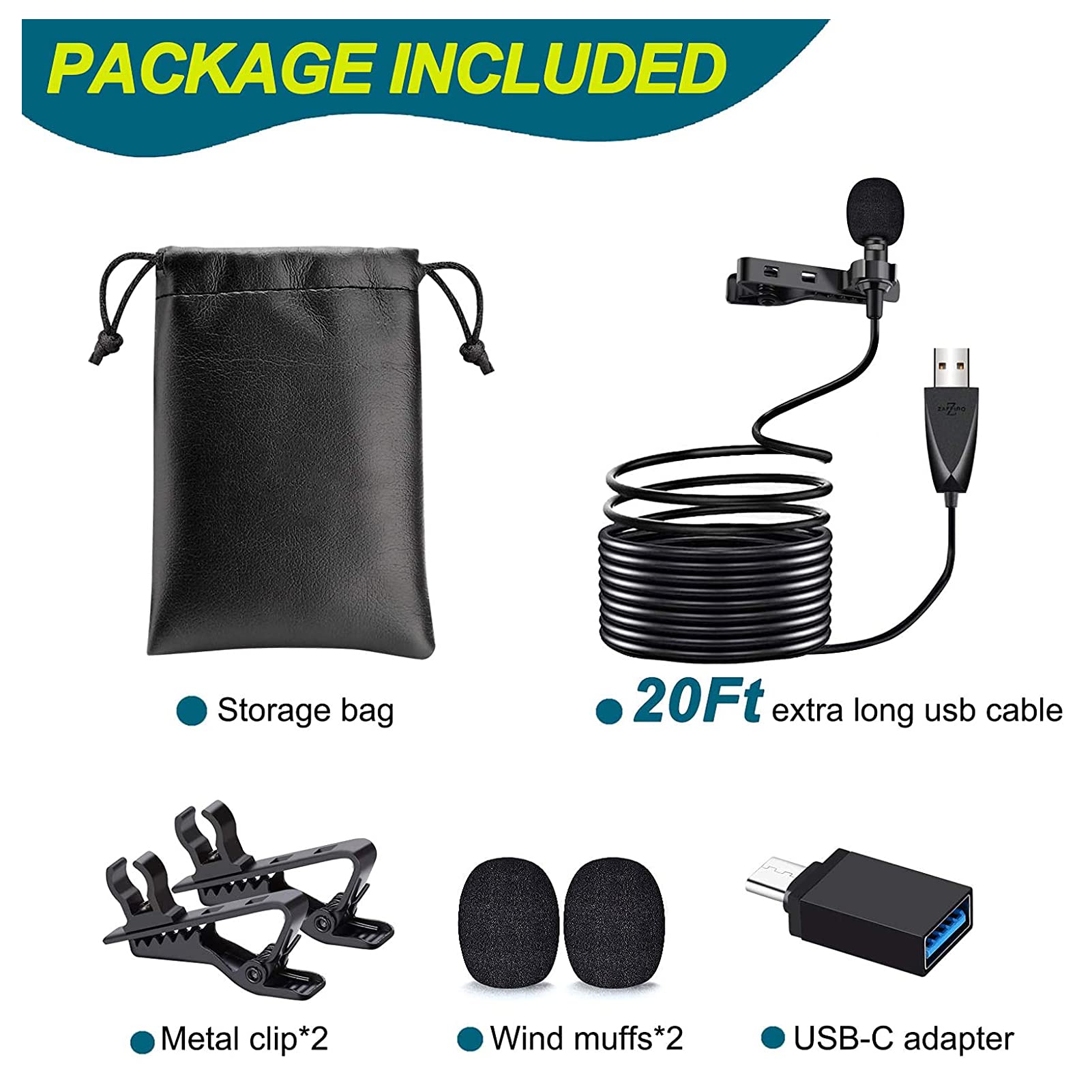 ZAFFIRO USB Lavalier Microphone, Clip-on USB Computer Microphone Plug & Play Omnidirectional Mic for PC, Laptop, Mac, PS4. Smartphone Perfect for Video Recording