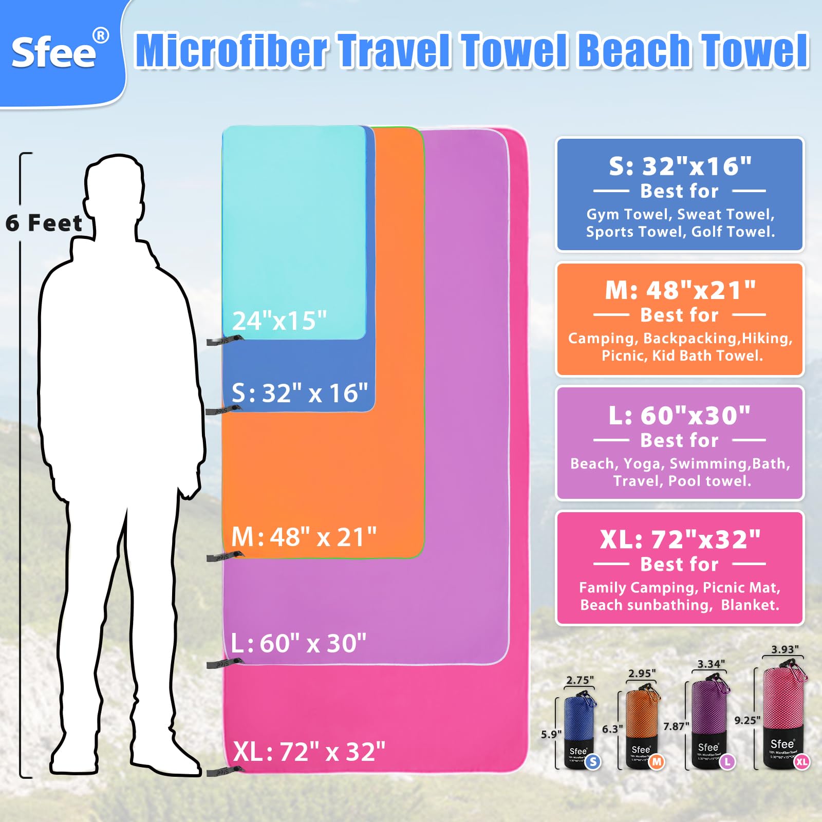 Sfee 2 Pack Microfiber Travel Towel, Quick Dry Towel Camping Towel Large Beach Towel Super Absorbent Compact Lightweight Sports Towel Gym Towel for Beach, Gym, Hiking, Pool, Backpacking, Bath, Yoga
