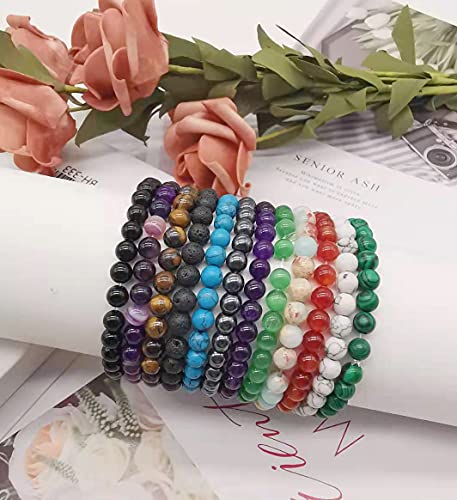 WAINIS 12Pcs 6mm Gemstone Beaded Bracelets for Women Tiny Crushed Stone Crystal Bracelet Beaded Couples Stretch Unisex Stretch Bracelets Jewelry