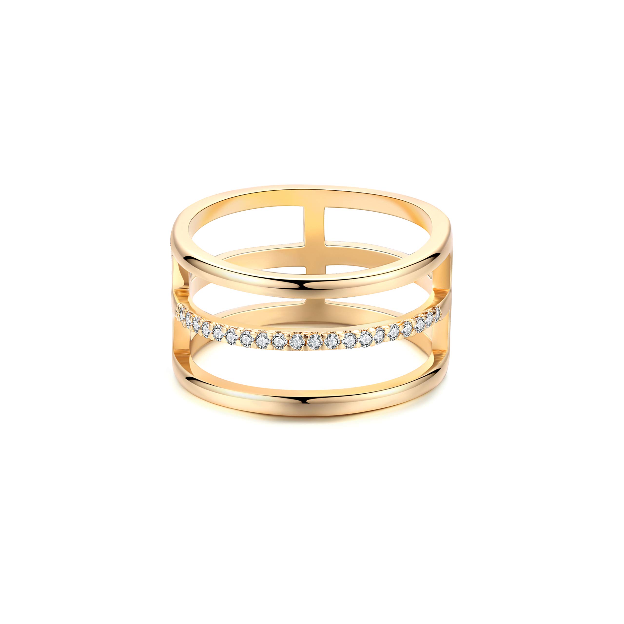 Valloey Rover Womens 14k Gold Open Parallel Bar Rings,Double X Criss Cross Double Bar Parallel Cuff Half Circle Black Zircon Infinity Adjustable Ring Engagement Wedding Lady Band