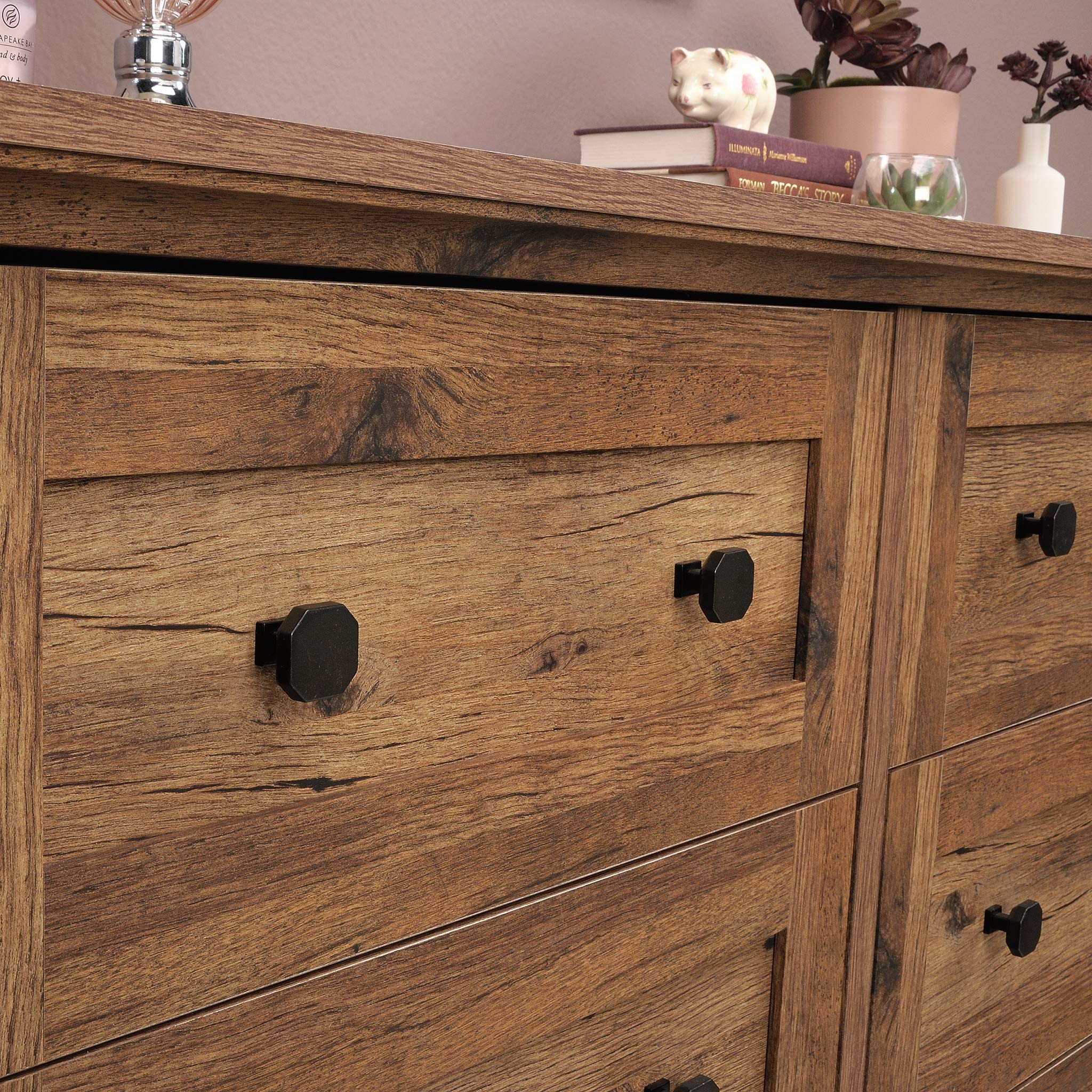 Sauder New Grange Dresser, L: 55.75" x W: 17.09" x H: 35.75", Vintage Oak Finish
