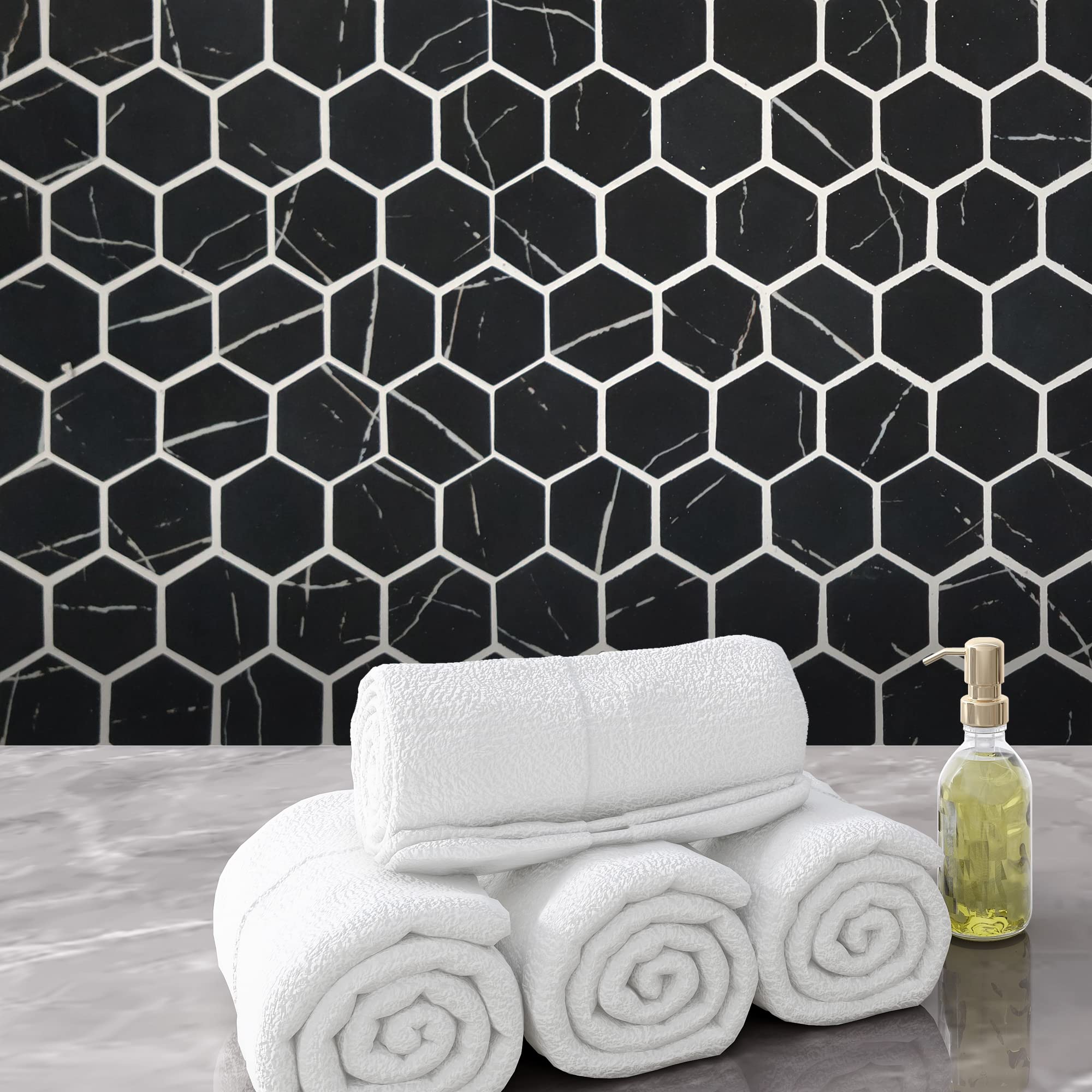 Sunwings Hexagon Tile for Shower Floor Border Kitchen Bathroom Backsplash. Black Marquina Marble Stone Looks Wall and Floor Tile, 10 Sheets,