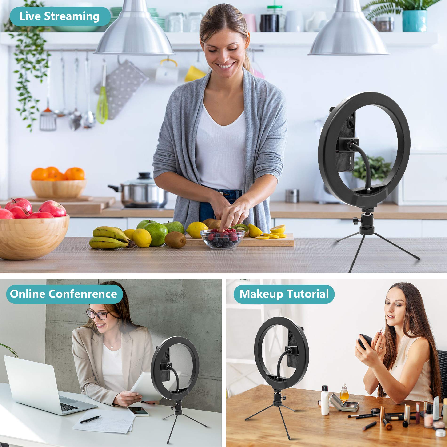 SUMCOO Dimmable Selfie 10" LED Desk Ring Light with Tripod Stand & Phone Holder & Remote for Live Streaming, TikTok Photography, iOS and Android Smartphone with 3 Light Modes & 10 Brightness Level