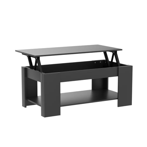 SUPER DEAL Lift Top Coffee Table with Hidden Compartment and Storage Shelves, Modern Rising Tabletop Dining Table with Sturdy Metal Frame for Living Room Reception Room, 38.5 in L, Black