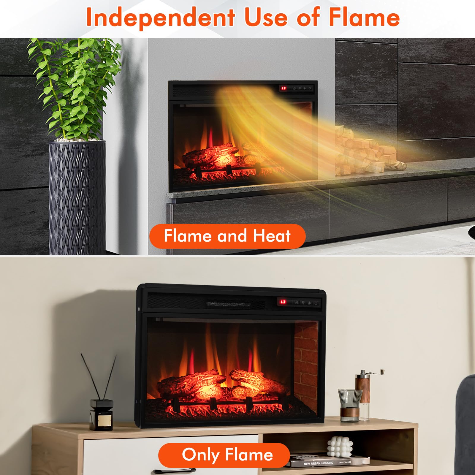 Tangkula 26 Inch 1400W Electric Fireplace Insert, 4777 BTU Recessed Freestanding Fireplace Heater with Remote Control, 3-Level Flame Effect, Overheat Protection (Black)