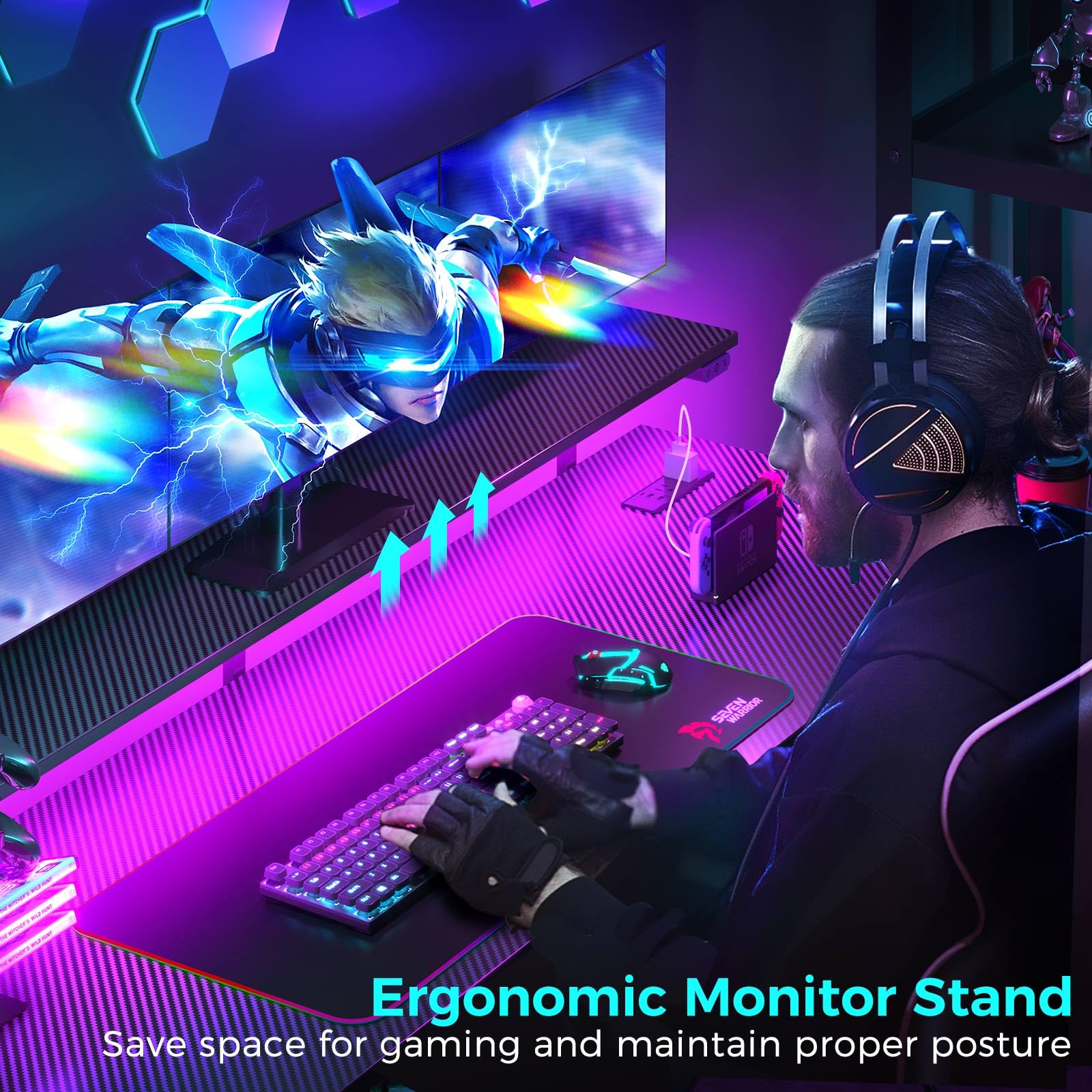 SEVEN WARRIOR Gaming Desk with LED Lights & Power Outlets, 55" Computer Desk with Monitor Shelf, Home Office Desk with Cup Holder and Headphone Hook, Ergonomic, Carbon Fiber Surface Black