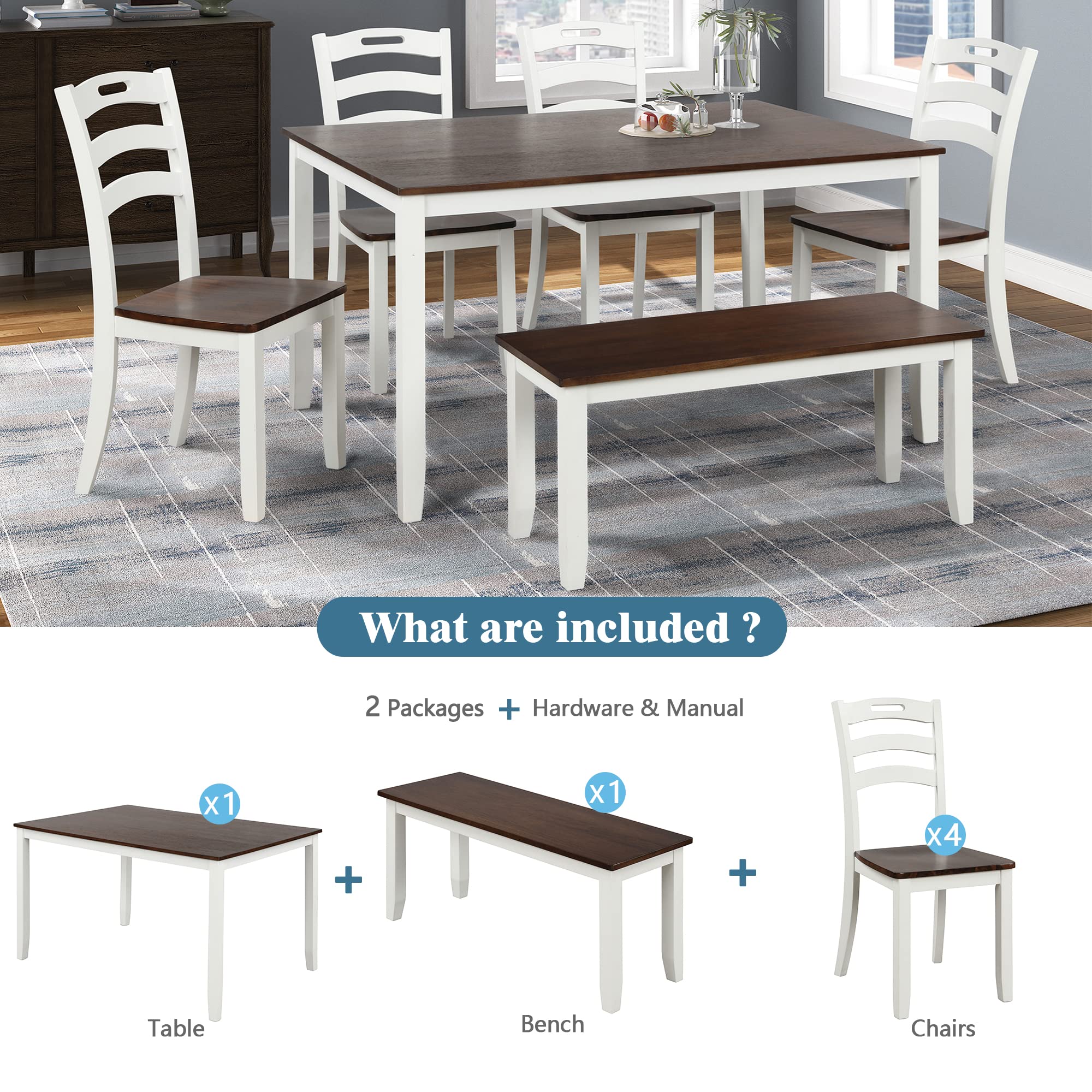 RUNWON Farmhouse Rustic Style 6-Piece Rectangular Dining Table Set for6 with Waterproof Coat and 4 Chairs 1 Bench for Kitchen, Ivory
