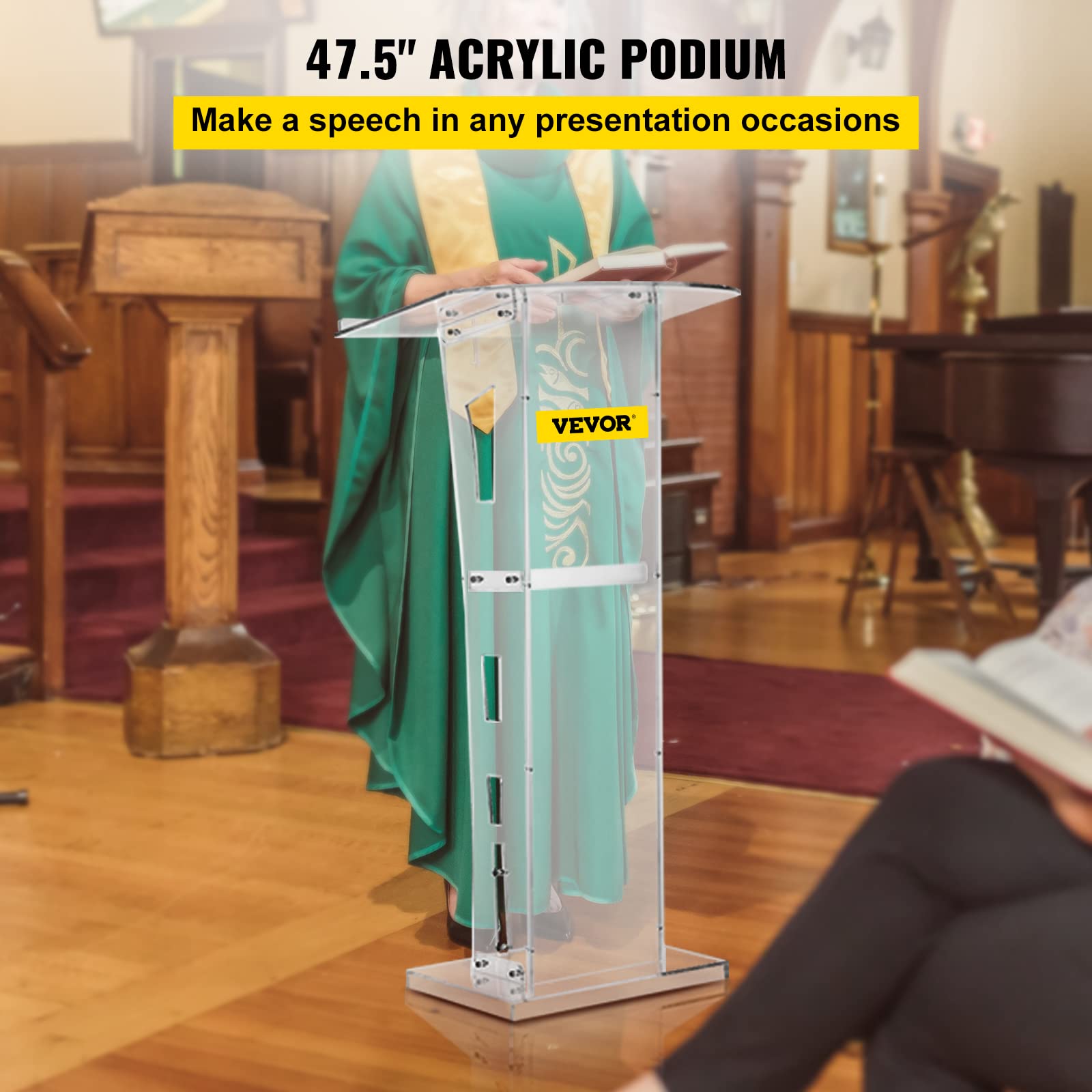 VEVOR Acrylic Podium 47.5" Tall Plexiglass Podium 26.8"x14.3" Table Acrylic Pulpits for Churches 8 mm Thick Acrylic Board Acrylic Podiums and Lecterns Design for Lecture Recital Speech & Presentation