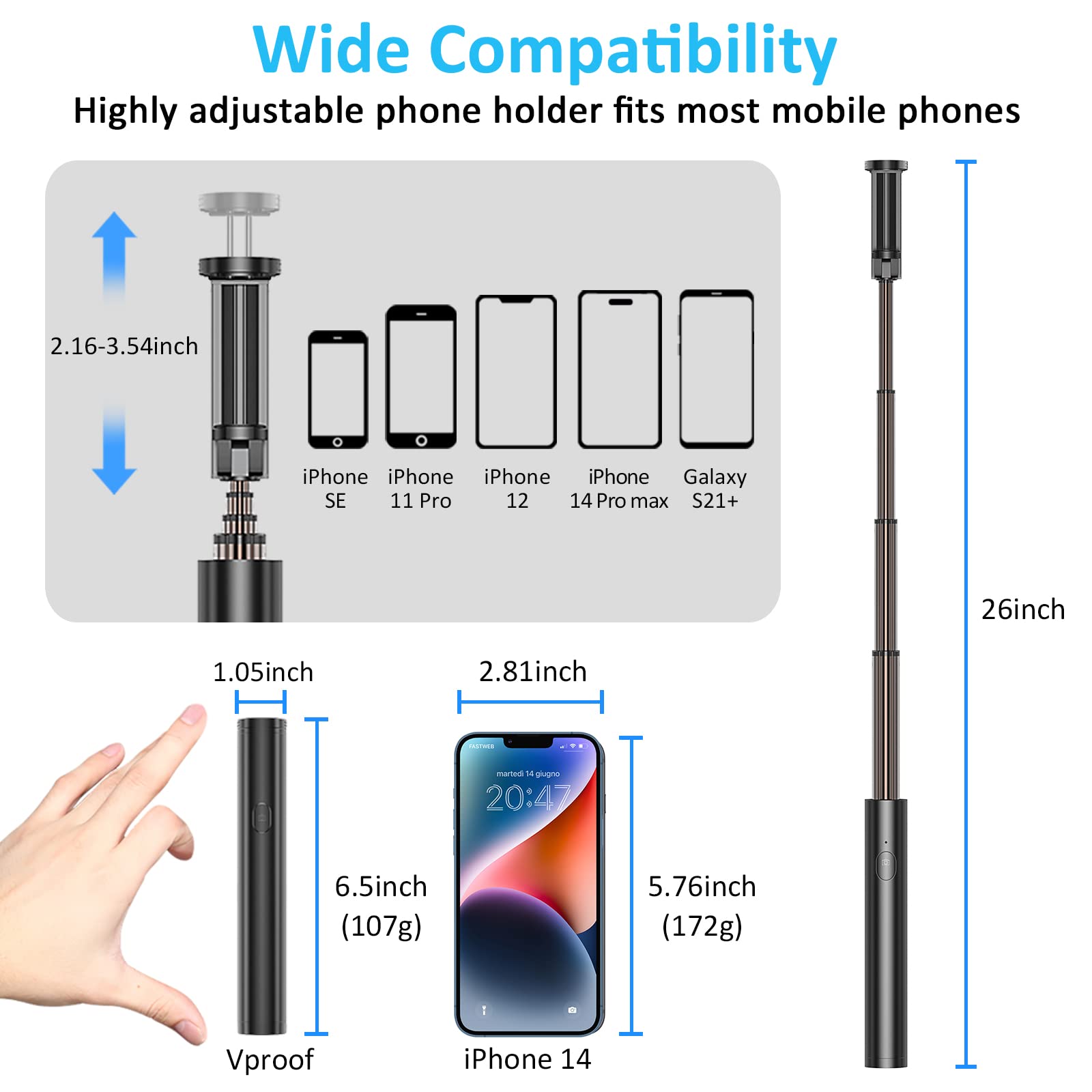 Vproof Monopod Selfie Stick Bluetooth, Lightweight Aluminum All in One Extendable Selfie Sticks Compact Design, Compatible with iPhone 15/14 Pro Max/14 Pro/14/14 Plus/13 Pro Max/13 Pro/13, Galaxy S22