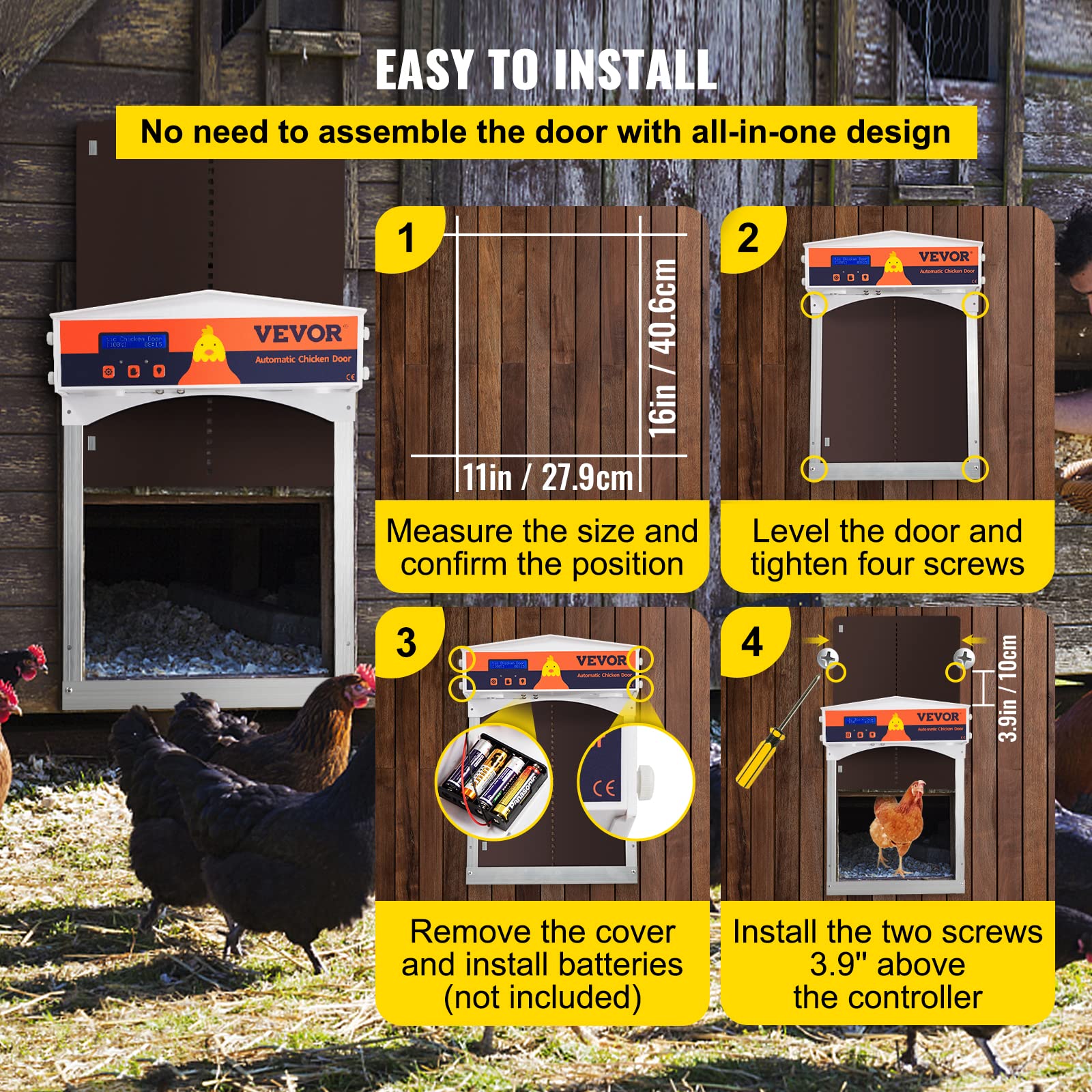 VEVOR Automatic Chicken Coop Door Chicken Door with Timer and Light Sensor Battery Powered Auto Door Opener of Full Aluminum Predator-Proof for Chicken Duck with Protection Mode Red