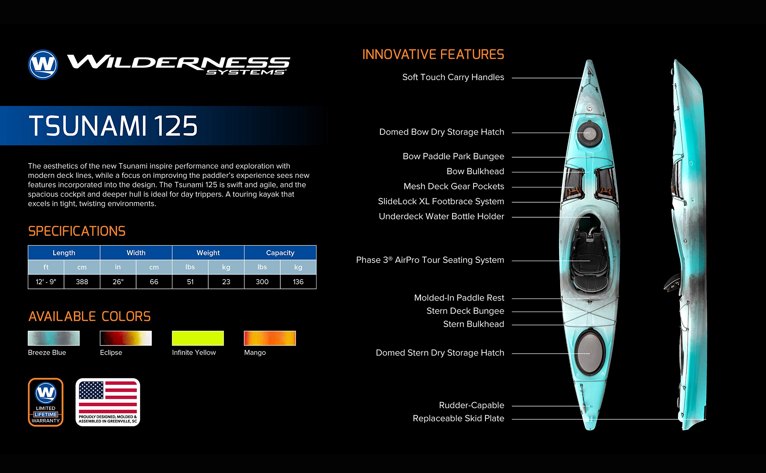 Wilderness Systems Tsunami 125 - Sit Inside Touring Kayak - Multiple Storage Options - 12.6 ft - Mango