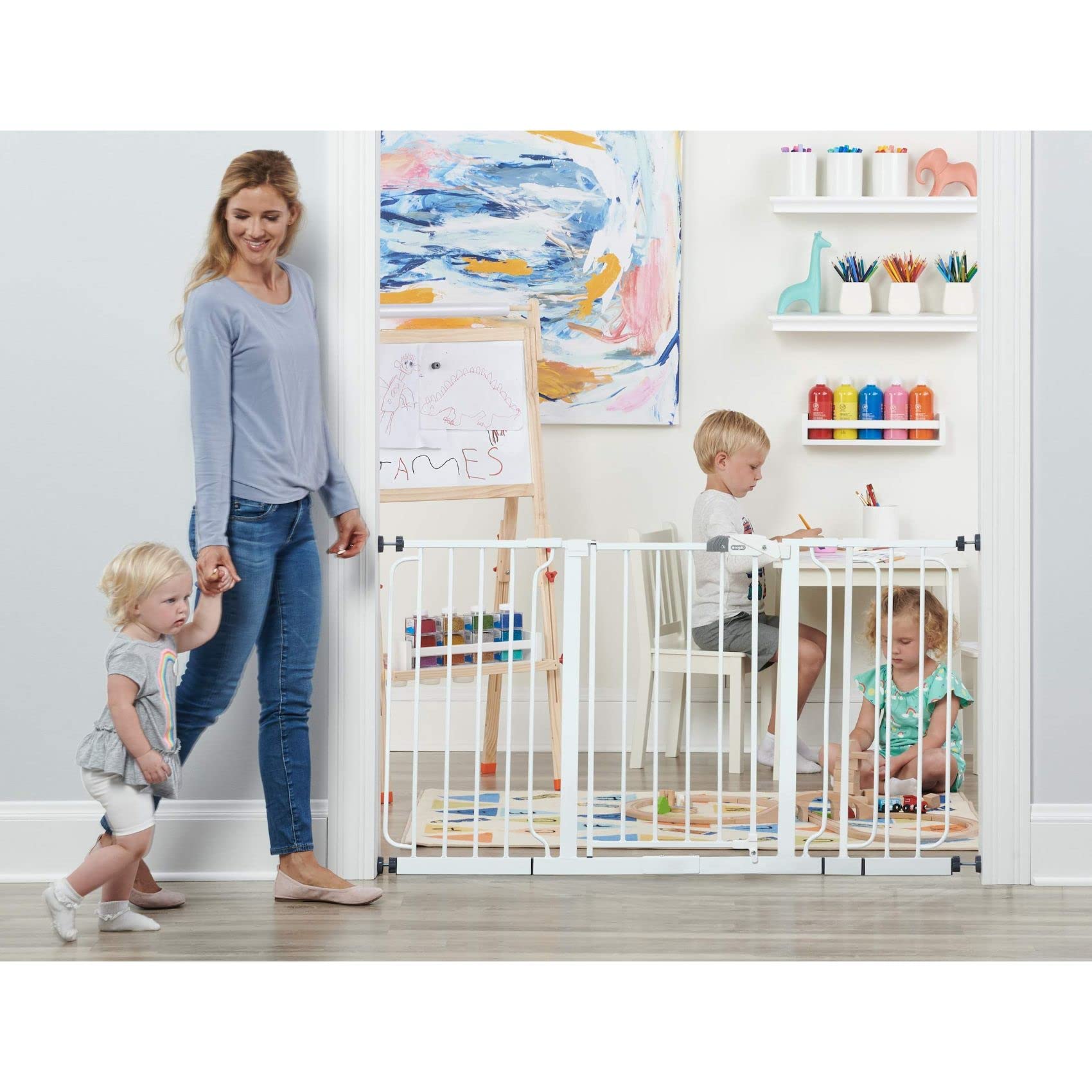 Regalo 56-Inch Extra WideSpan Walk Through Baby Gate, Includes 4-Inch, 8-Inch and 12-Inch Extension, 8 Piece Set - 4 Pack of Pressure Mounts and 4 Pack of Wall Cups and Mounting Kit, White