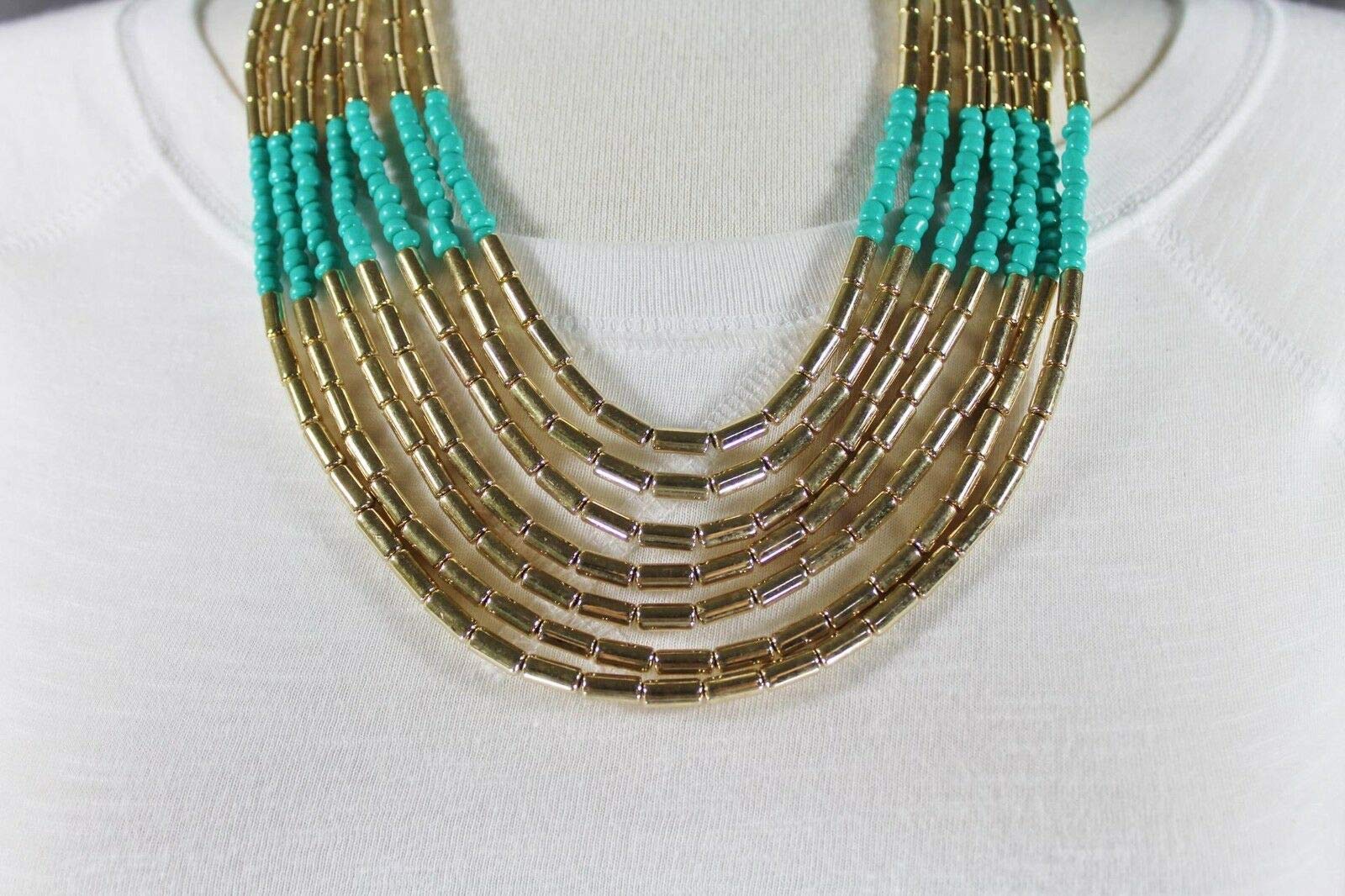Turquoise Gold 7-Strand Layered Bib Beaded Necklace Statement Piece For Women