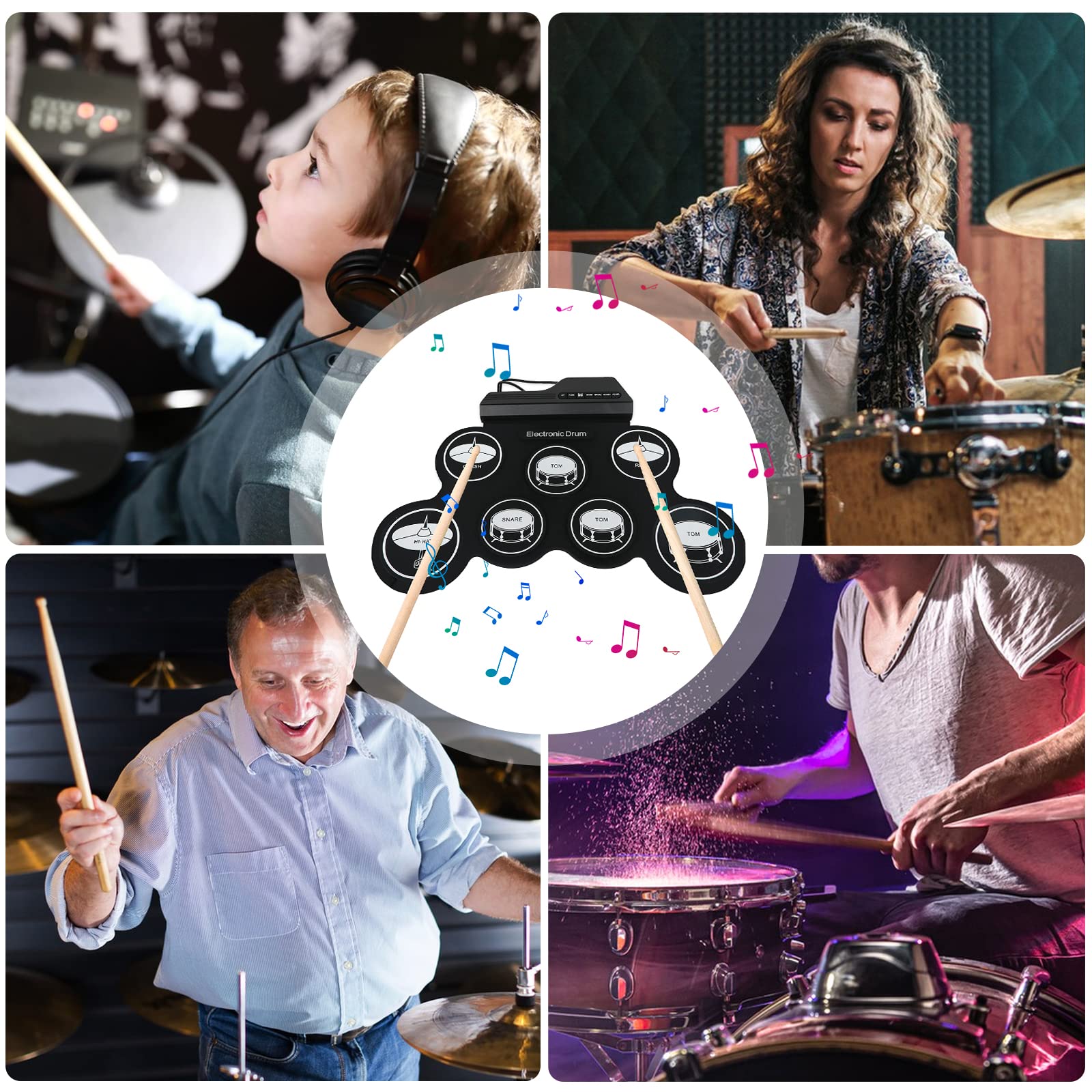 Topoworl Portable USB Electronic Drum Set with Drum Stick & Pedals Practice Drum Pad Foldable Silicone Jazz Drum Electric Drum Set (Black)