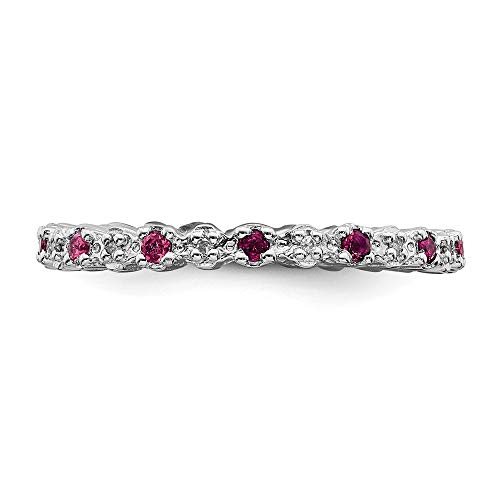 Solid 925 Sterling Silver Stackable Created Ruby and Diamond Ring Eternity Band Size 6 (.04 cttw.)