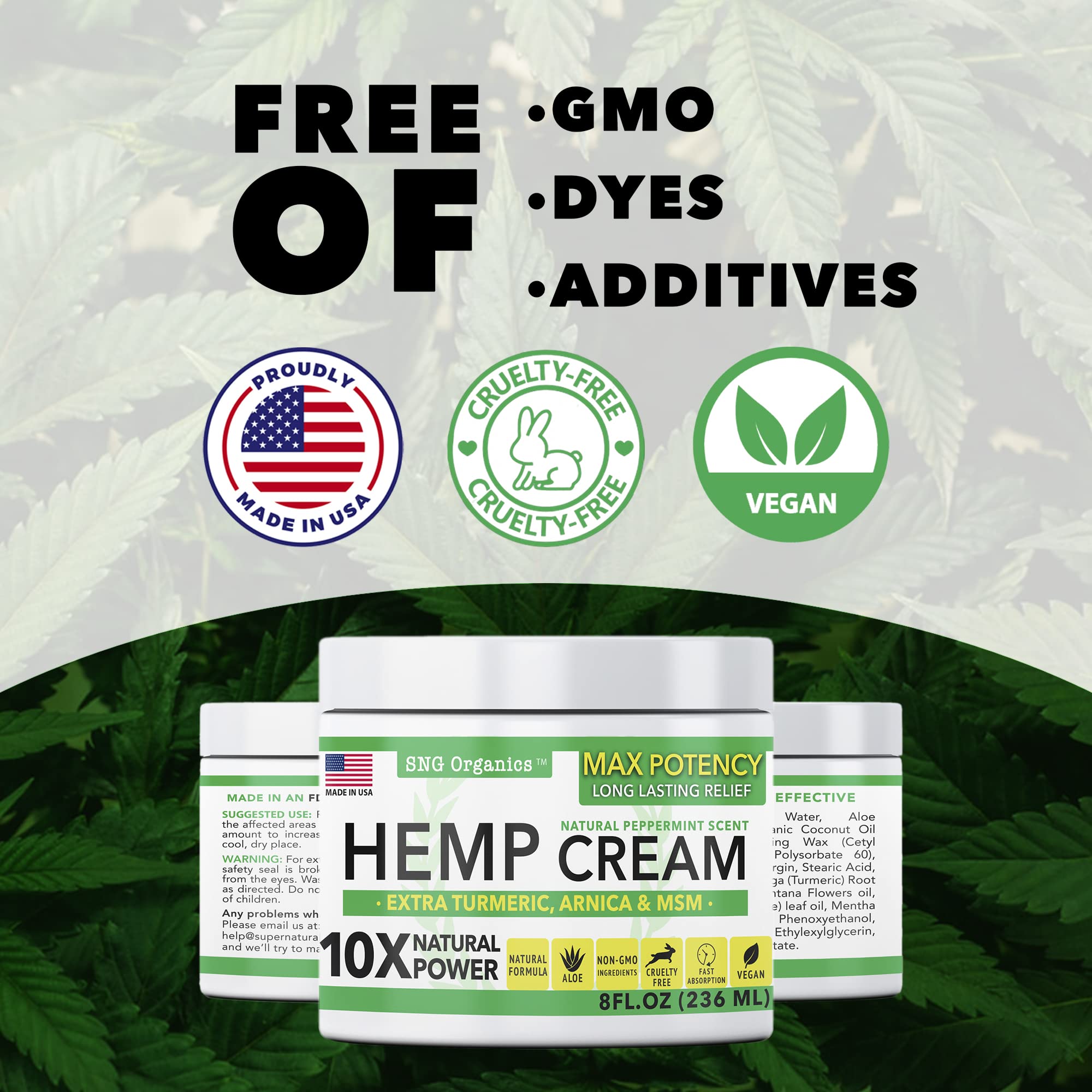 Super Natural Goods Hemp Cream (8oz) Hemp Oil & Arnica Cream - Joint Muscle Shoulder Hip Neck Knee & Back - Made in USA - Turmeric Menthol Rub
