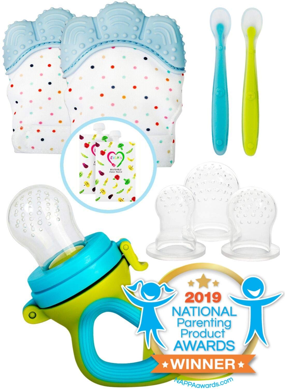 Teething Mittens for Babies with Baby Food Feeder Pacifier | Teether Set Perfect to Soothe Tender Gums | Fruit Feeder Pacifiers Safe Way to Introduce Solid Foods | Ideal Teething & First Baby Feeding