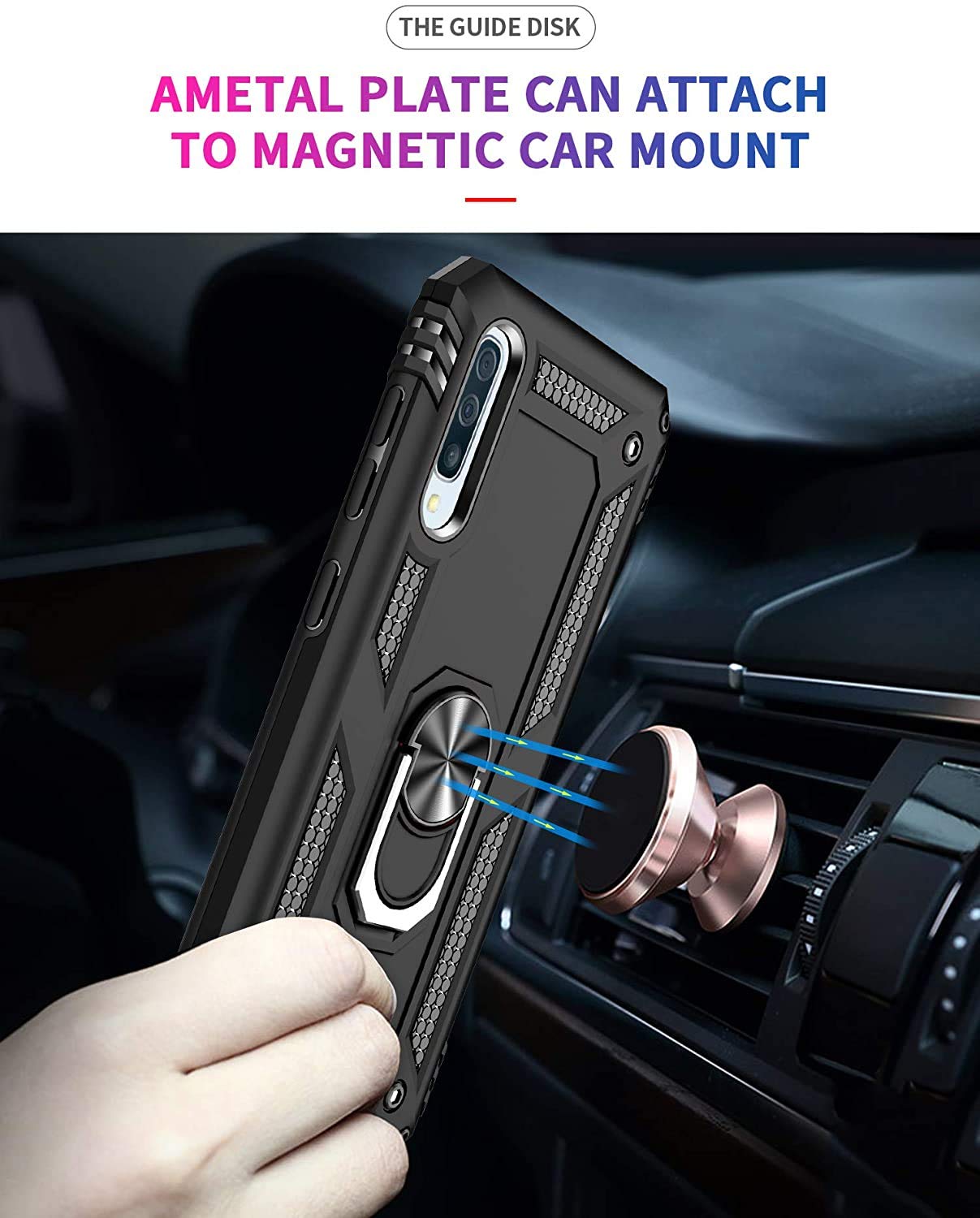 TJS Compatible with Samsung Galaxy A50 2019 Case, with Tempered Glass Screen Protector Metal Ring Magnetic Support Kickstand Heavy Duty Drop Protector Phone Case Cover (Black)