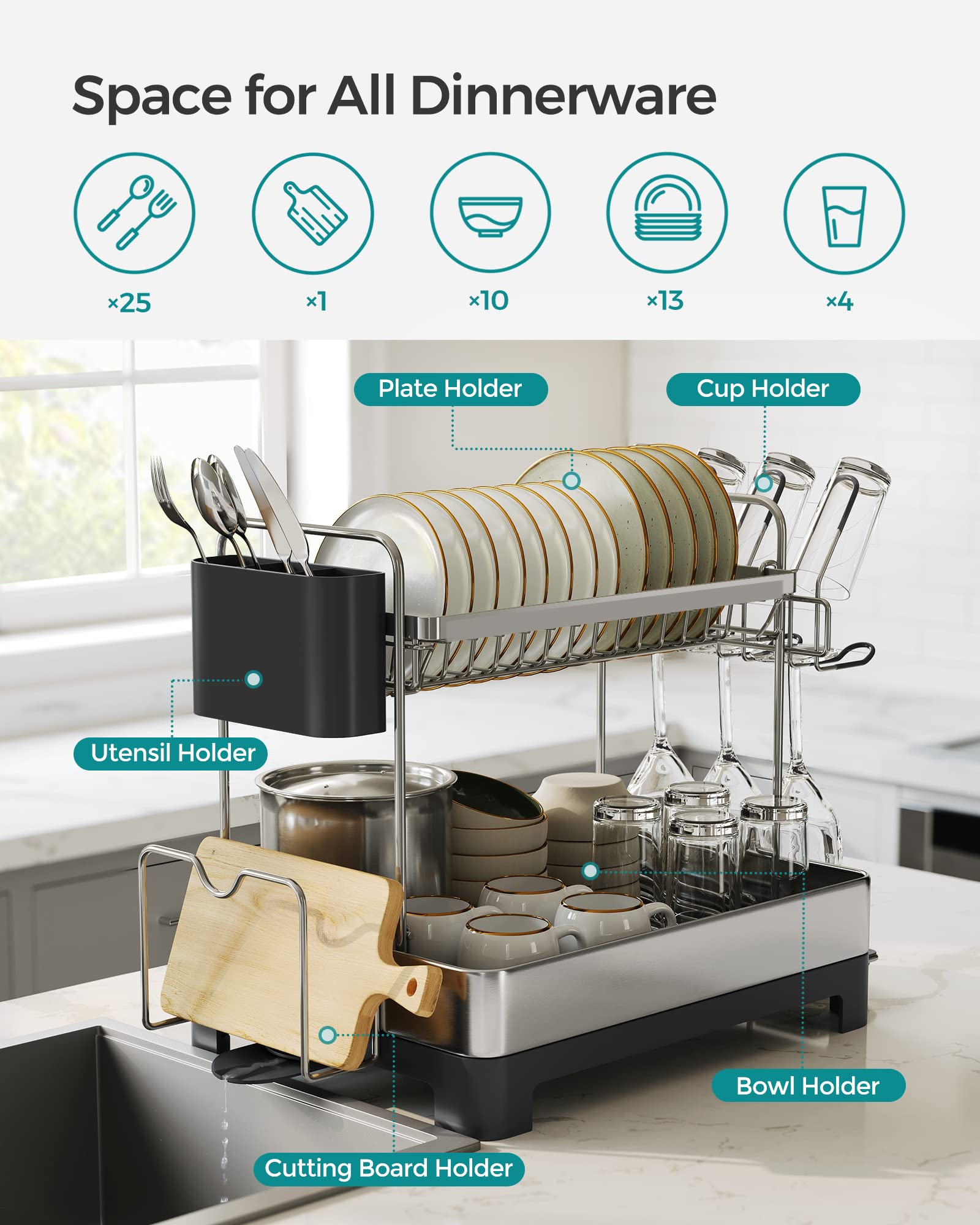 SONGMICS Dish Drying Rack - 2 Tier Dish Rack for Kitchen Counter with Rotatable and Extendable Drain Spout, Dish Drainer with Utensil, Cup, Glass, Cutting Board Holders, Black UKCS032B01