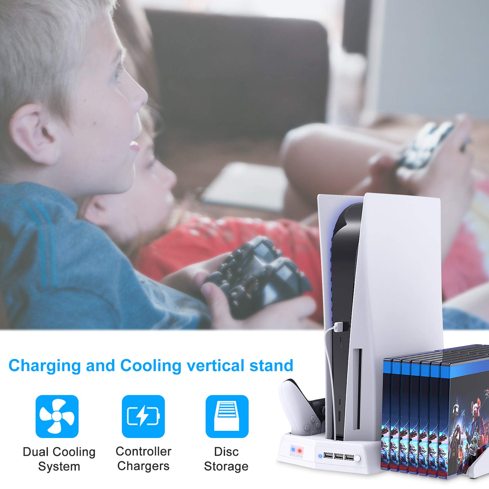 YUANHOT Vertical Cooling Stand Compatible with PS5 Console, Charging Station Dock with Controller Charger Ports and Retractable Game Storage - White