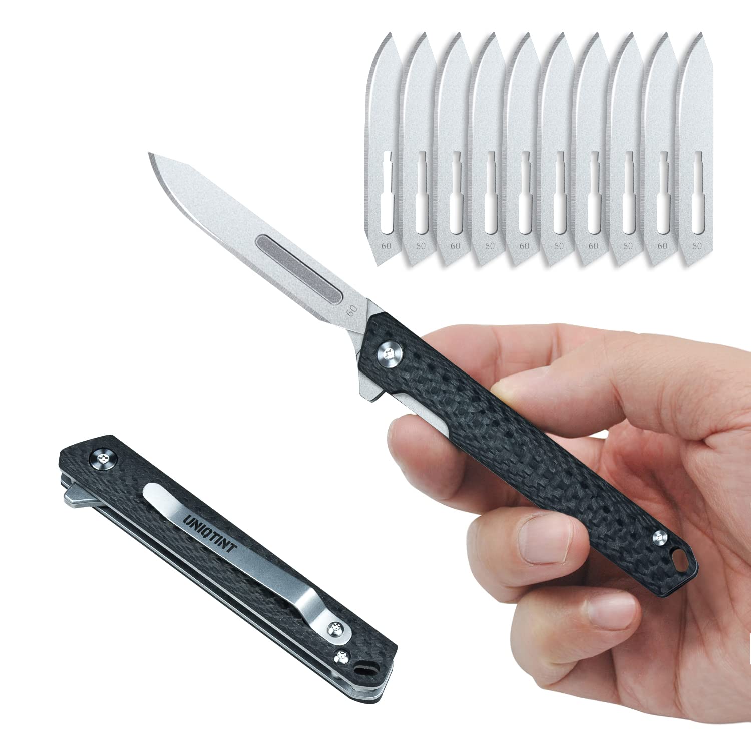 UNIQTINT Carbon Fiber Handle Folding Pocket Knife, Slim Flipper EDC Knife with 10pcs #60 Replaceable Blade, Artwork Knife with Liner Lock and Pocket Clip, 1.35oz Lightweight