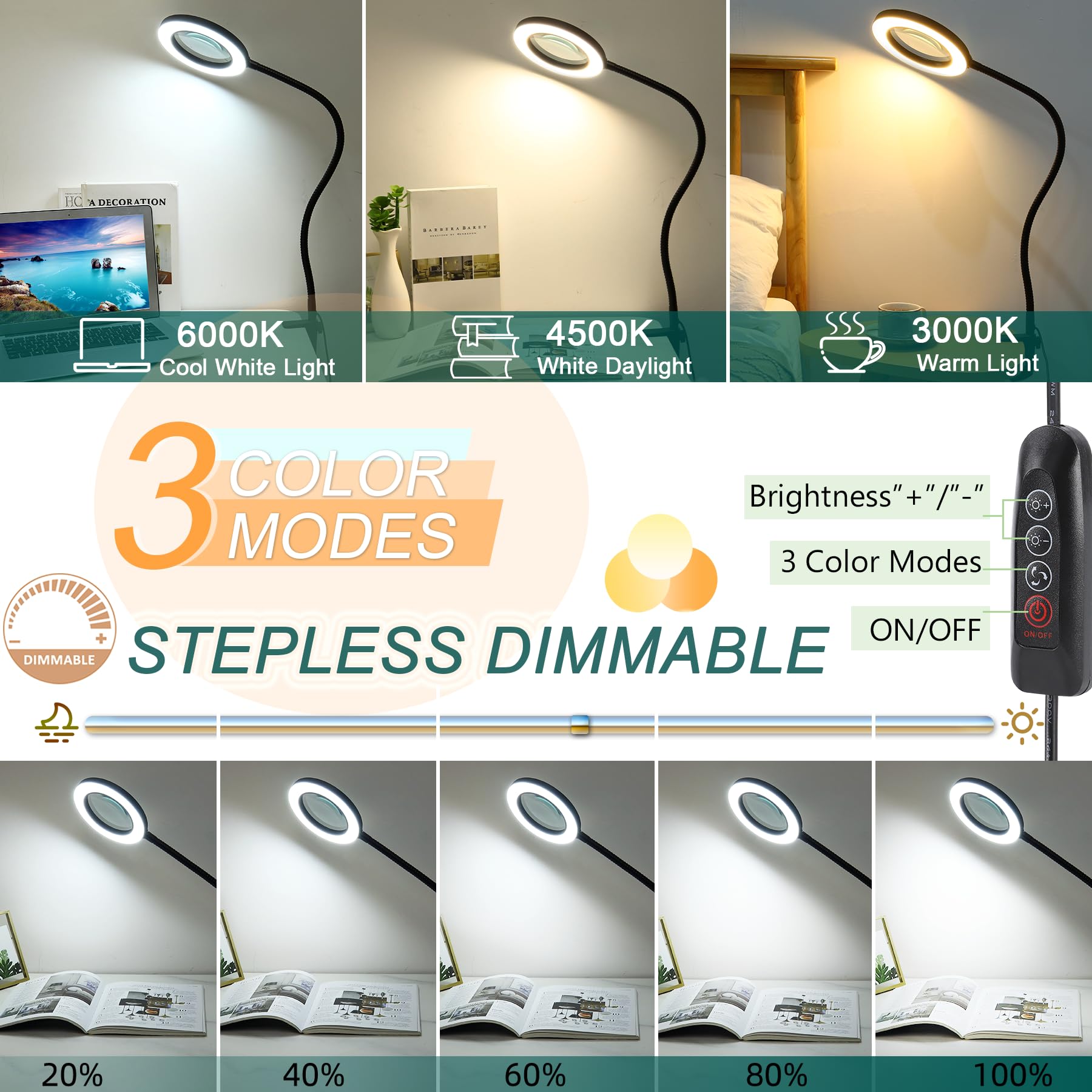 Tobegiga 10X Magnifying Glass with Light and Stand, 2-in-1 Flexible Gooseneck Magnifying Desk Lamp with Clamp, 3 Color Modes Stepless Dimmable LED Lighted Magnifier Hands Free for Craft Painting Hobby