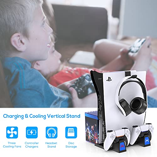 YUANHOT Vertical Stand and 2-in-1 Cooling Fan Accessories Kit Compatible with PS5, Stand with Controller Charging Station Within 2-3H, Cooling System, Headset Holder, Extra USB Ports, 14 Game Slots