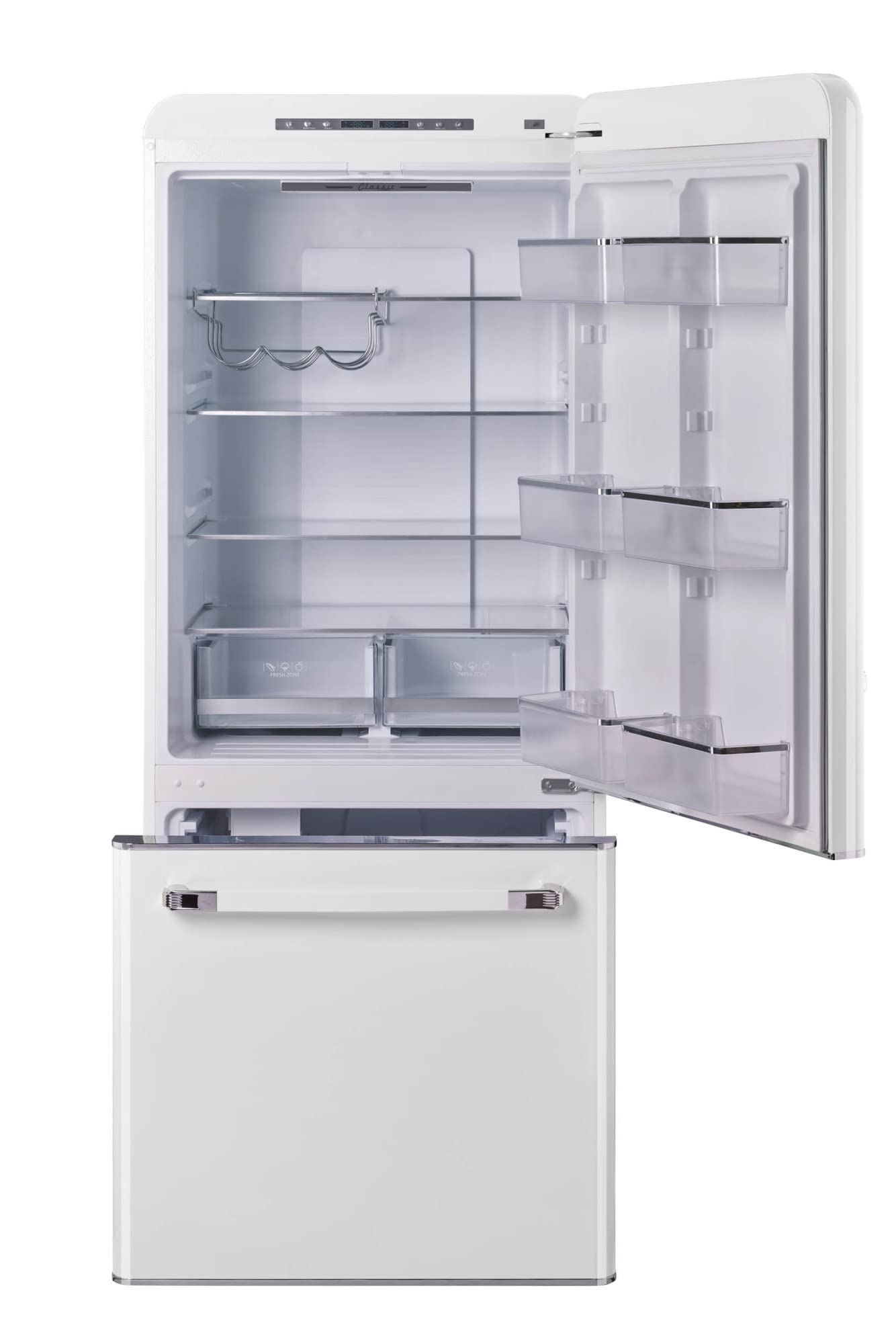 Unique Appliances UGP-510L W AC Classic Retro Electric Bottom-Mount Refrigerator, Marshmallow White; No Frost; Adjustable Glass Shelves; 18 cu. ft; Adjustable 3-bottle Wine Rack; LED Lighting