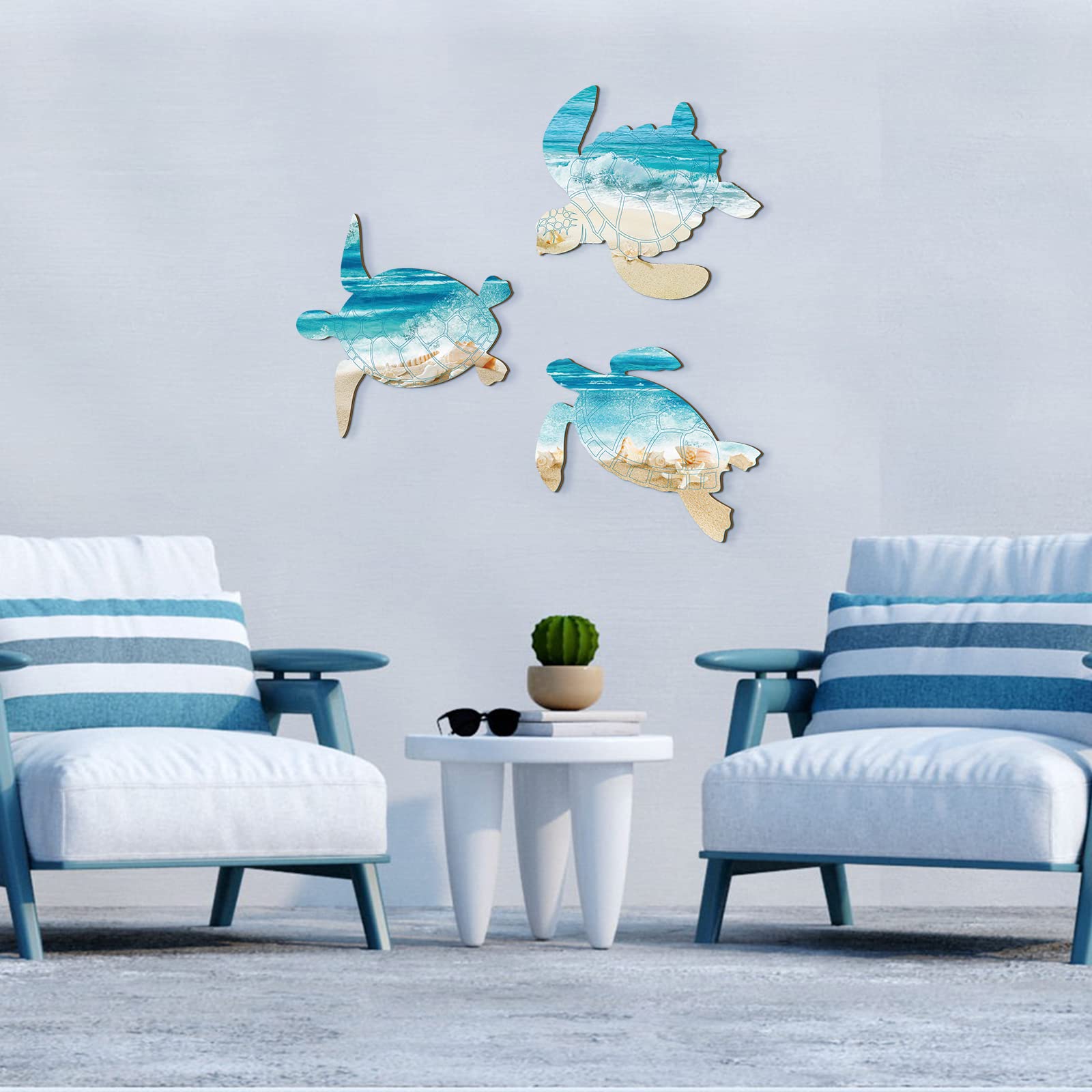 Tatuo Summer Coastal Wall Decor Beach Wall Art Decor Blue Sea Turtle Surfboard Seahorse Starfish Seashell Conches Crabs Sea Life Decor for Bathroom Bedroom Home(3 Pcs, Fresh Turtle Style)