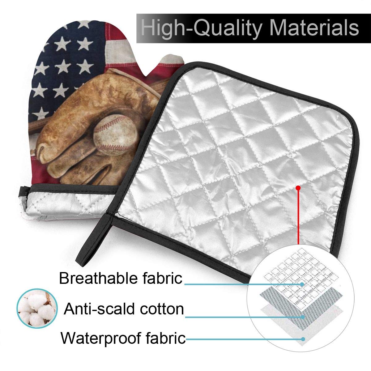 Vintage Baseball with USA American Flag Oven Mitts and Pot Holders Sets Heat Resistant Kitchen Oven Gloves Mats for Holiday Cooking Baking BBQ