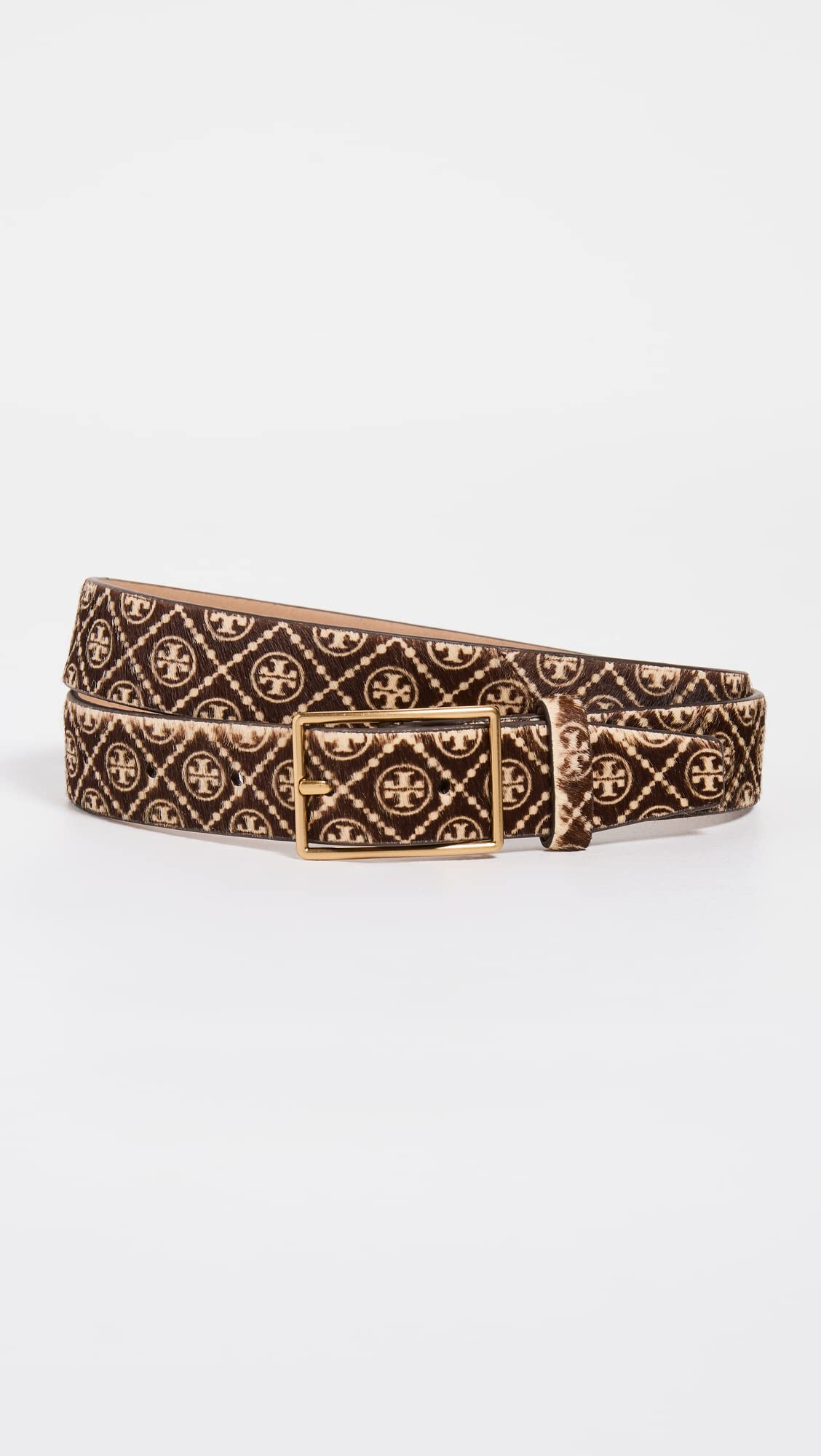 Tory Burch Women's 1" T Monogram Haircalf Belt, Cold Brew, Brown, Print, S