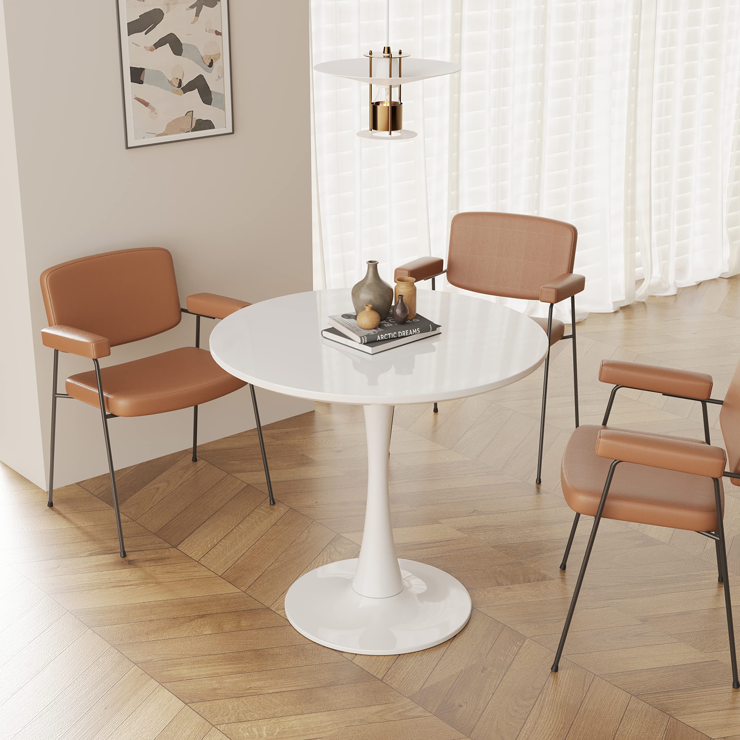 Sinovoy White Round Dining Table Modern Style 31.5" with Pedestal Base in Tulip Design, Mid-Century Leisure Table for Kitchen Dining Room & Living Room (White)