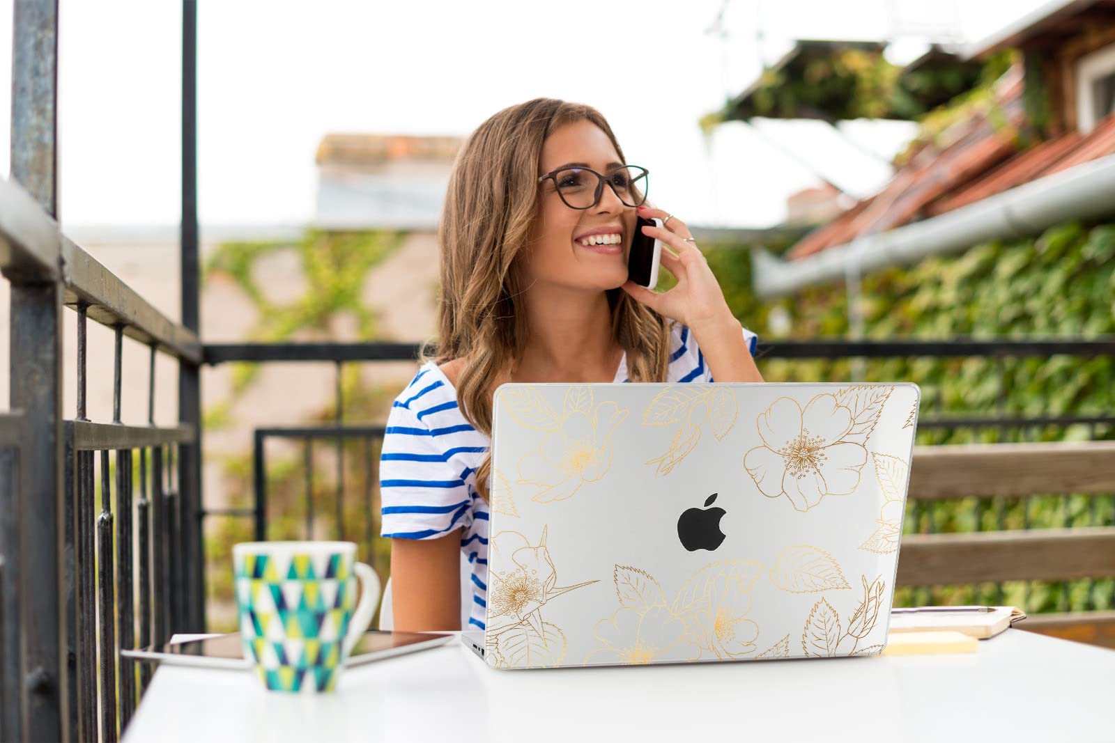 Teryeefi Compatible with 2018 2019 2020 MacBook Air 13 inch Case M1 Chip A2337 A2179 A1932 Retina Display Touch ID, Plastic Hard Shell & Keyboard Cover & Screen Protector,Gold Floral leaf