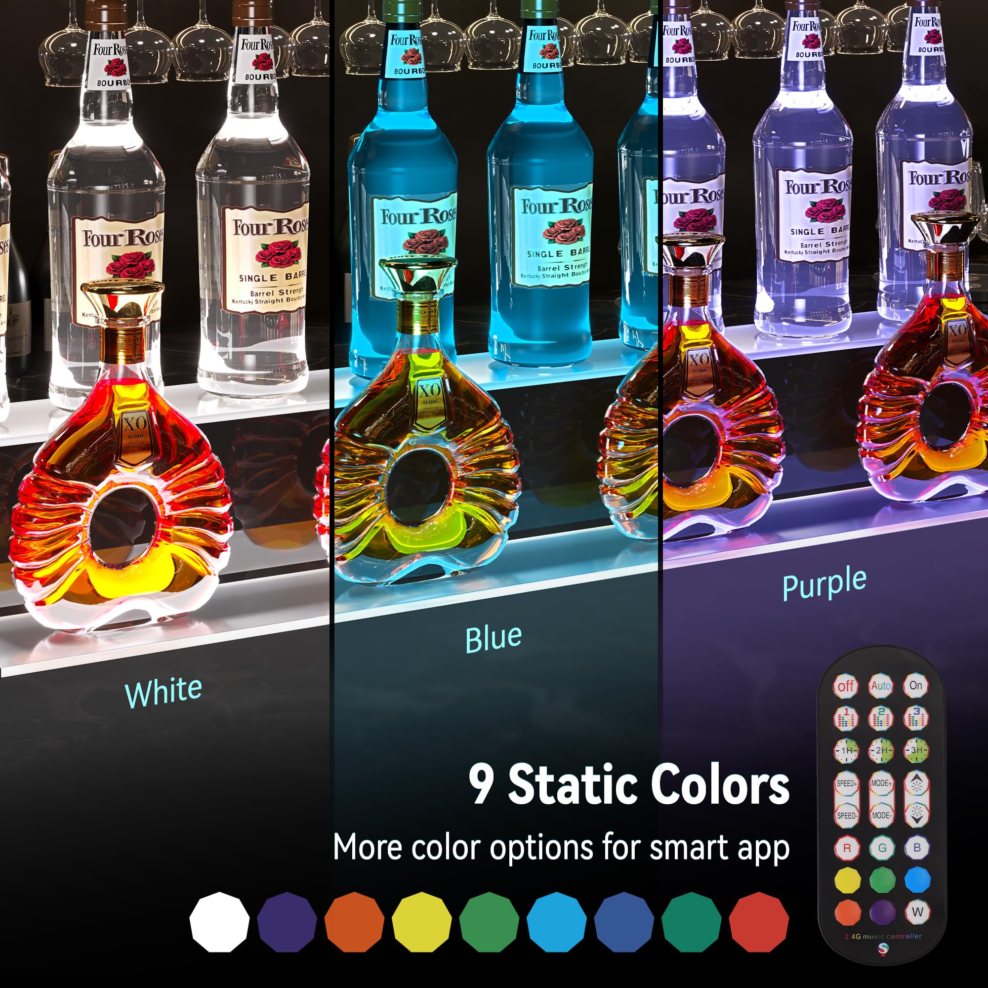 Warmiehomy LED Lighted Liquor Bottle Display Shelf, 16" 2 Step Acrylic Bar Shelves for Liquor Bottles, Alcohol Whiskey Shelves with Smart App & Remote Dual Control for Home Commercial Bar Drinks