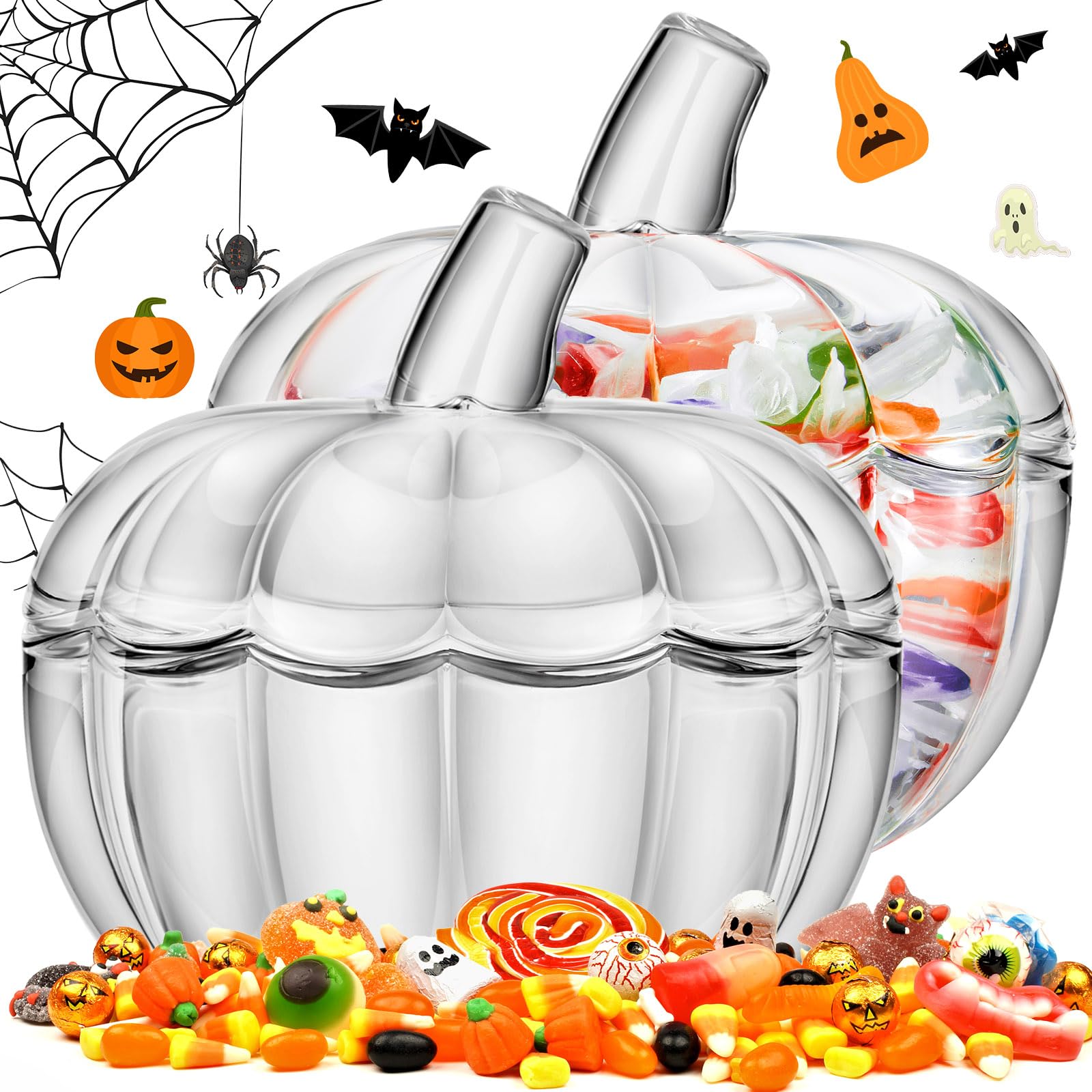 Tessco 2 Pcs 70oz Glass Pumpkin Candy Jar with Lid Halloween Pumpkin Jars Candy Bowl for Halloween Home Decoration (Clear,Large, Large)
