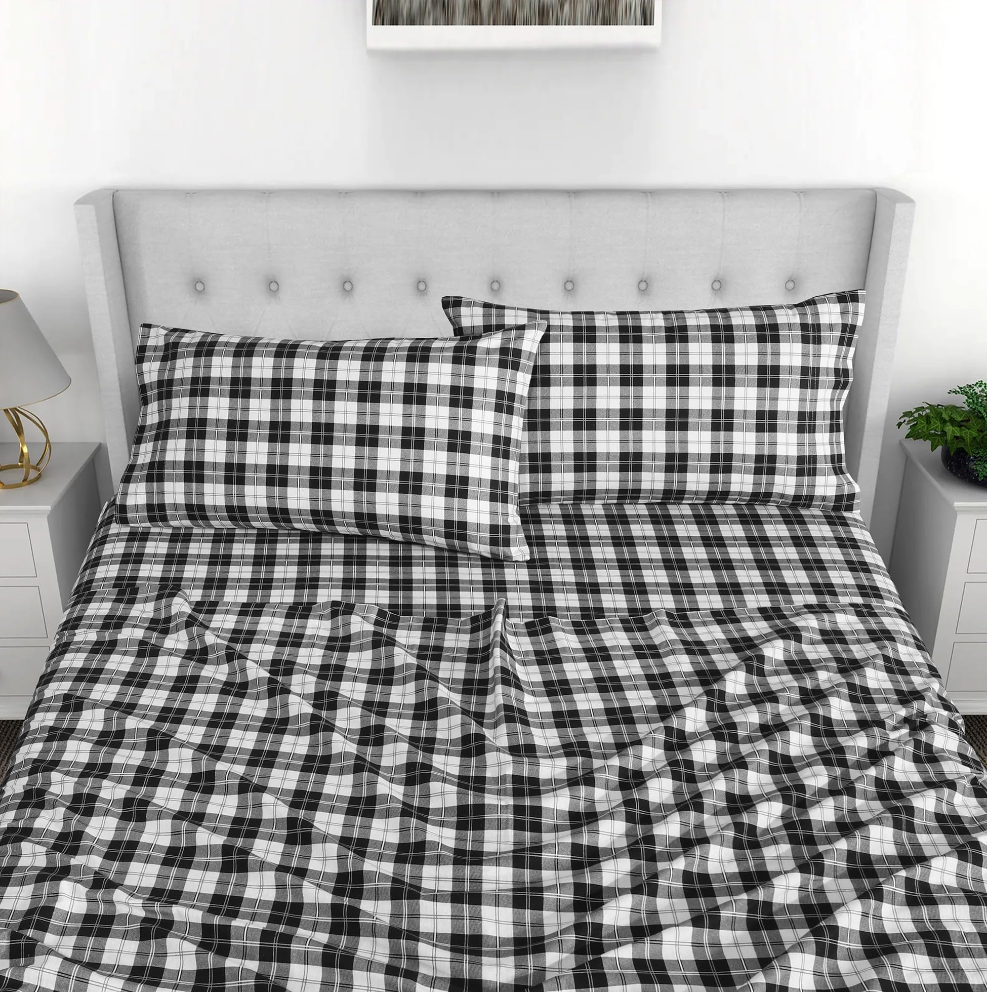 RUVANTI Flannel Sheets Full Size - 100% Cotton Brushed Bed Sheet Sets - Deep Pockets 16 Inches (fits up to 18") - All Seasons Breathable Super Soft - Warm & Cozy - 4 Pcs - Black & White Plaid