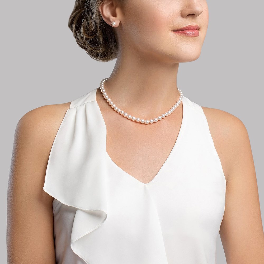 The Pearl Source 6.5-7mm AAA Quality Round White Freshwater Cultured Pearl Necklace for Women in 18" Princess Length