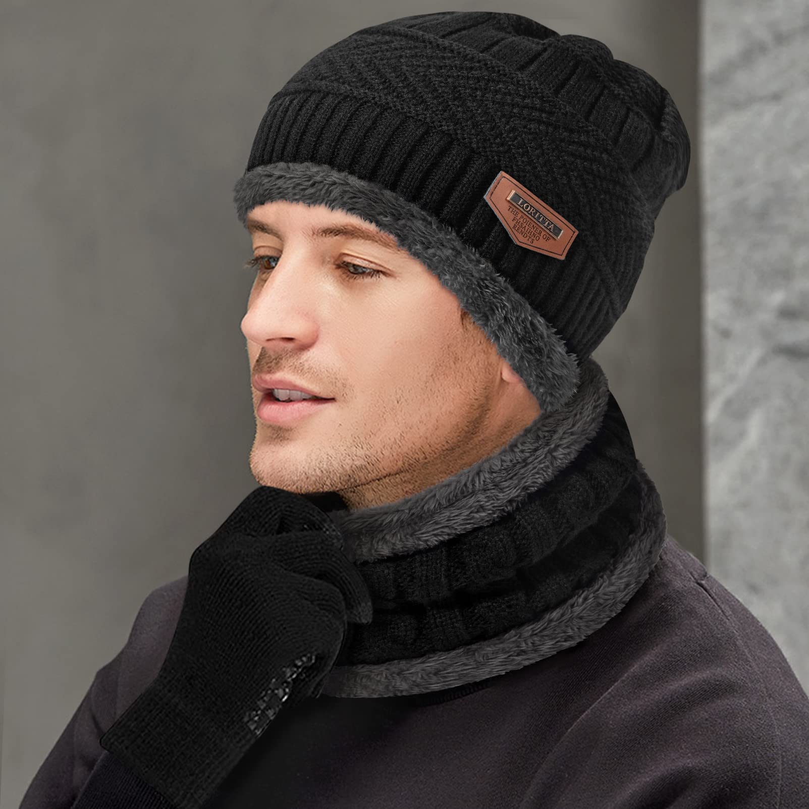 Winter Beanie Hats Scarf Gloves Set Thick Warm Slouchy Beanies Hat Knit Skull Cap Neck Warmer for Men Women,Hat Scarf Set-a-black