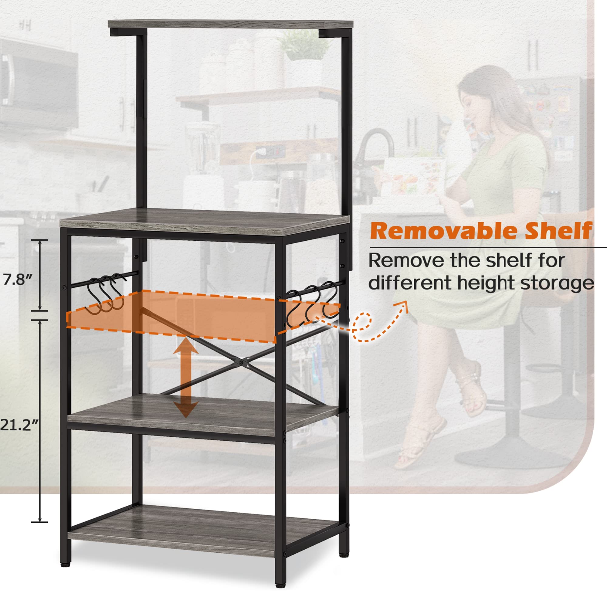 SUPERJARE Kitchen Bakers Rack, 4-Tier Coffee Bar Table, Kitchen Microwave Stand with 6 S-Shaped Hooks, Kitchen Storage Shelf Rack for Spices, Pots and Pans - Rustic Brown