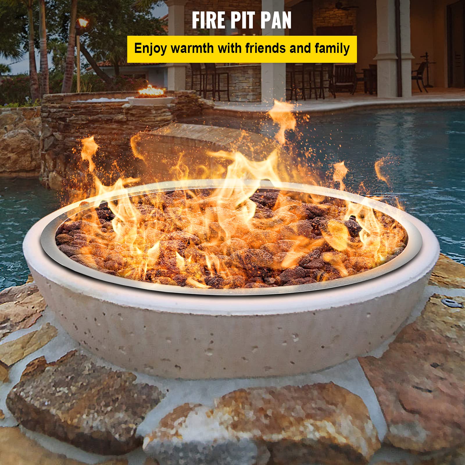 VEVOR Drop in Fire Pit Pan, 31" x 31" Round Fire Pit Burner, Stainless Steel Gas Fire Pan, Fire Pit Burner Pan w/ 1 Pack Volcanic Rock Fire Pit Insert w/ 300K BTU for Keeping Warm w/Family & Friends