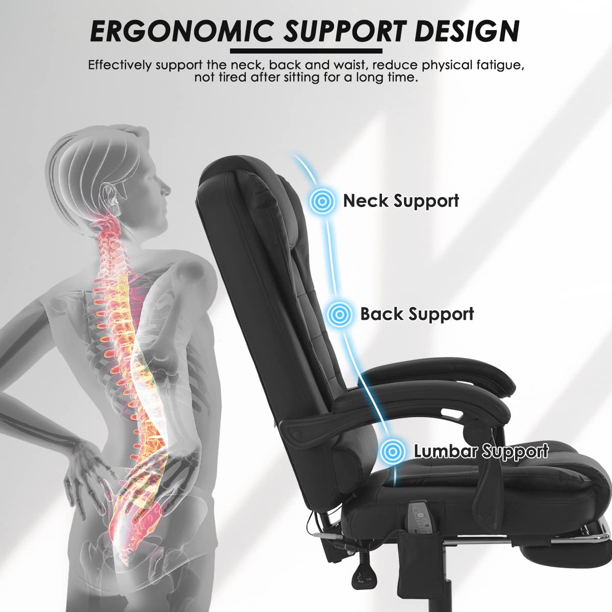 VANSPACE Executive Massage Office Chair with Footrest Reclining Home Office Chair Soft Leather High Back Computer Desk Chair with Lumbar Support Adjustable Armrest Black