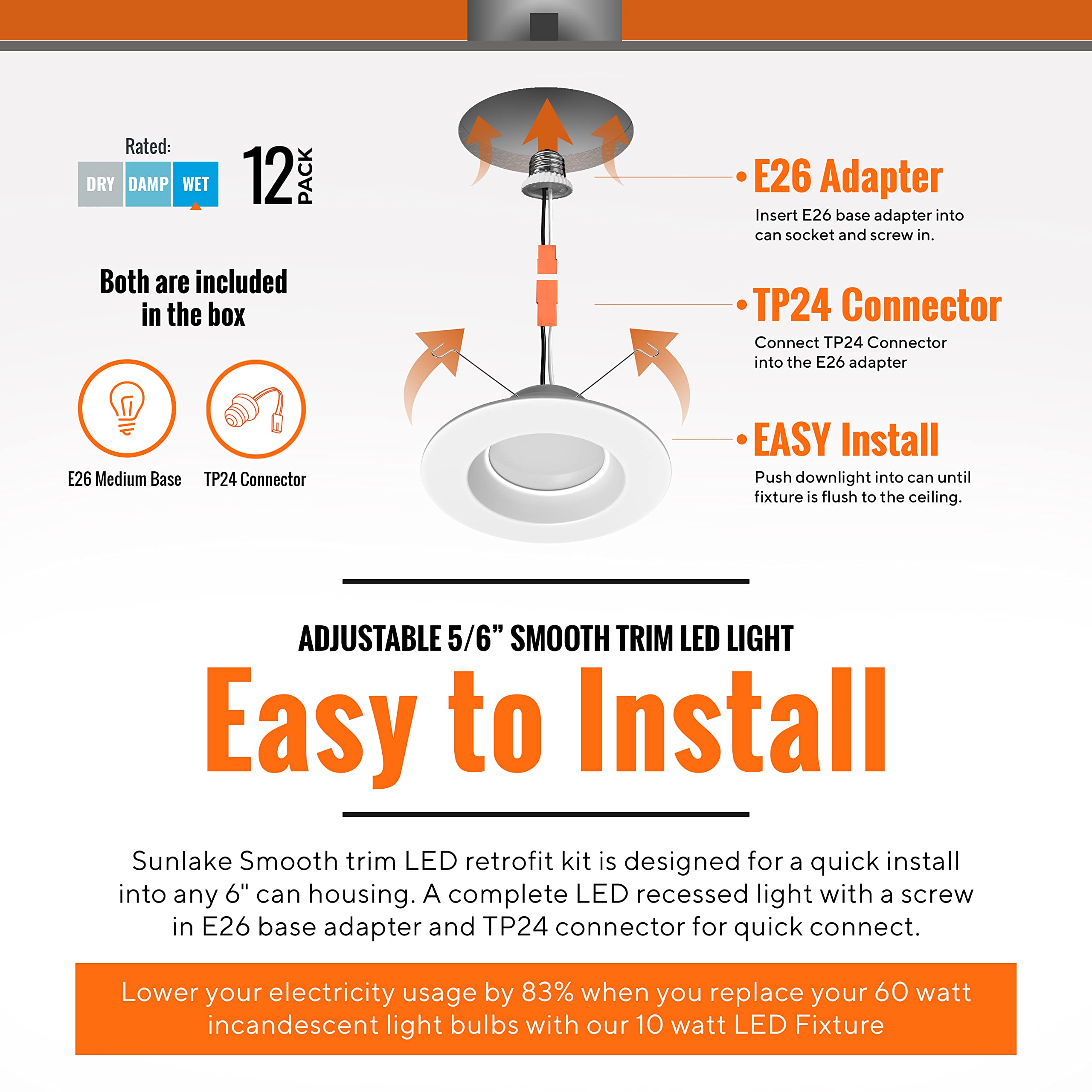 SunLake 12 Pack LED Recessed Lighting, LED Ceiling Lights Fixtures, 5/6 Inch Downlight, Smooth Trim, 12 WATT = 75 WATT, Dimmable 4000k Cool White, UL and Energy Star Certified