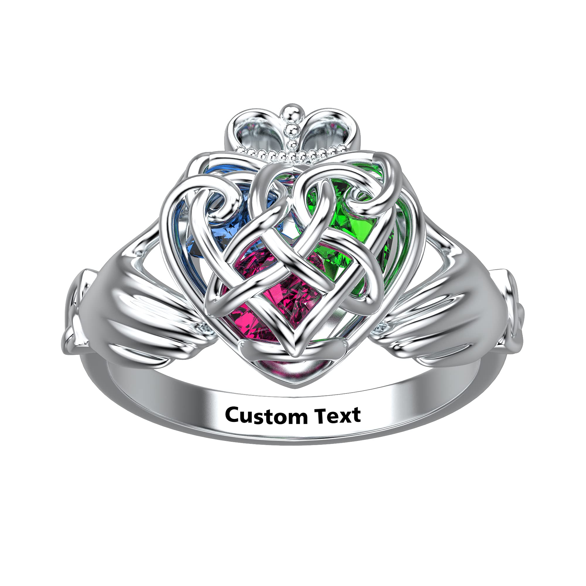 YUOTO Claddagh Rings For Women,Birthstone Rings Sterling Silver Personalized Name,Caged Locket Heart Irish Rings Engraved Bands With Names For Teen Girls Women Love Wedding