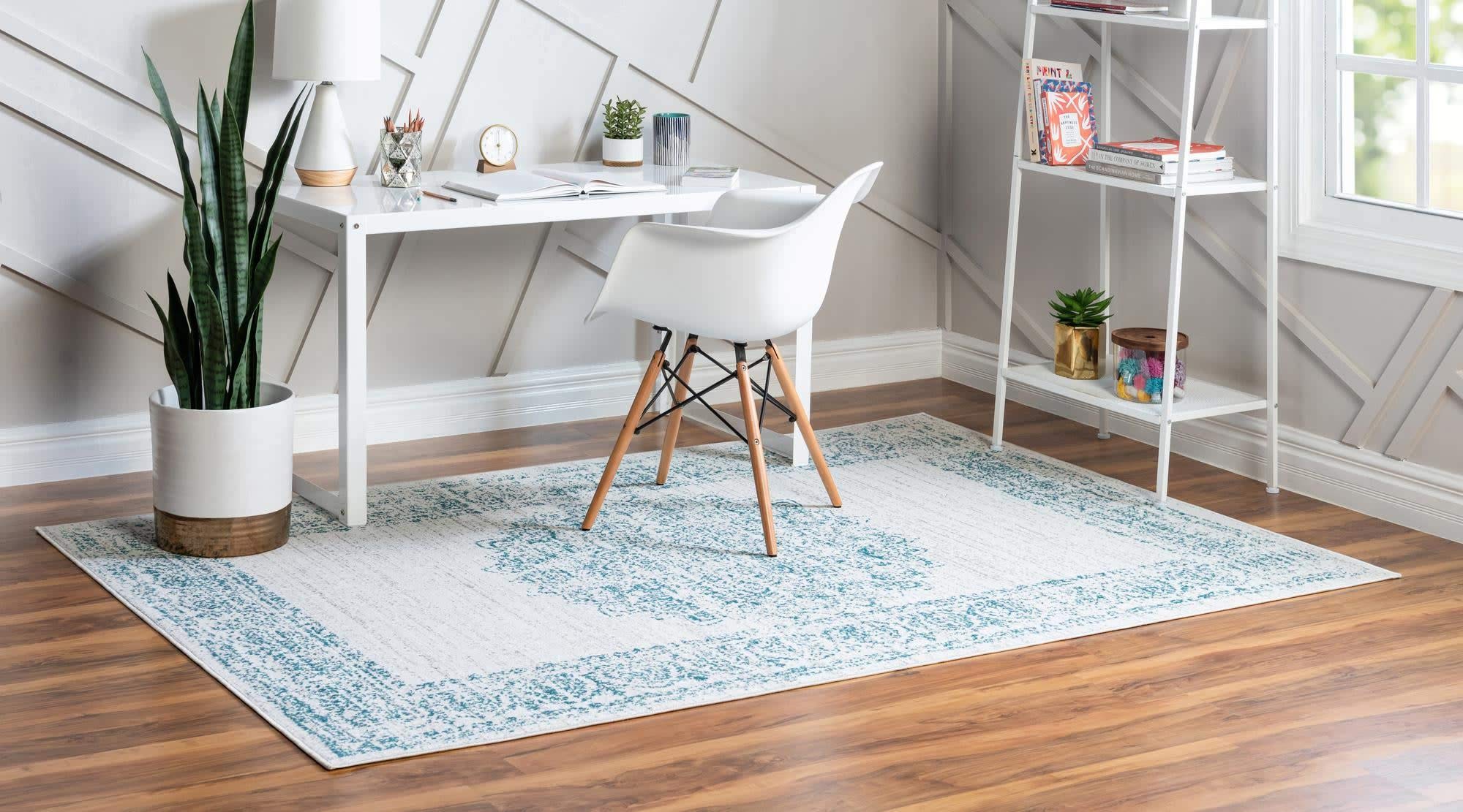 Unique Loom Aarhus Collection Vintage Border Area Rug_AAR003, 5 ft x 7 ft 9 in, Cream/Teal