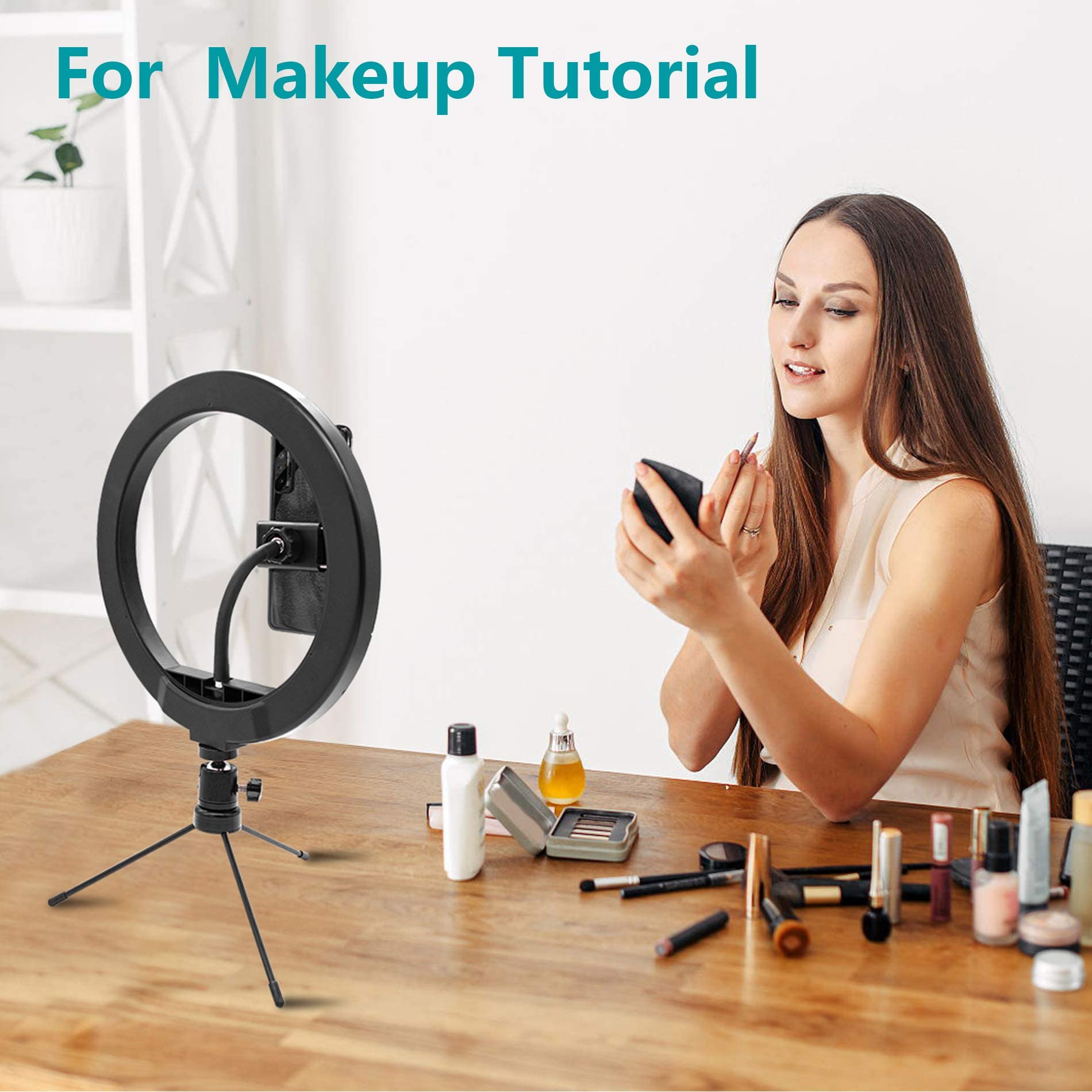 SUMCOO Dimmable Selfie 10" LED Desk Ring Light with Tripod Stand & Phone Holder & Remote for Live Streaming, TikTok Photography, iOS and Android Smartphone with 3 Light Modes & 10 Brightness Level