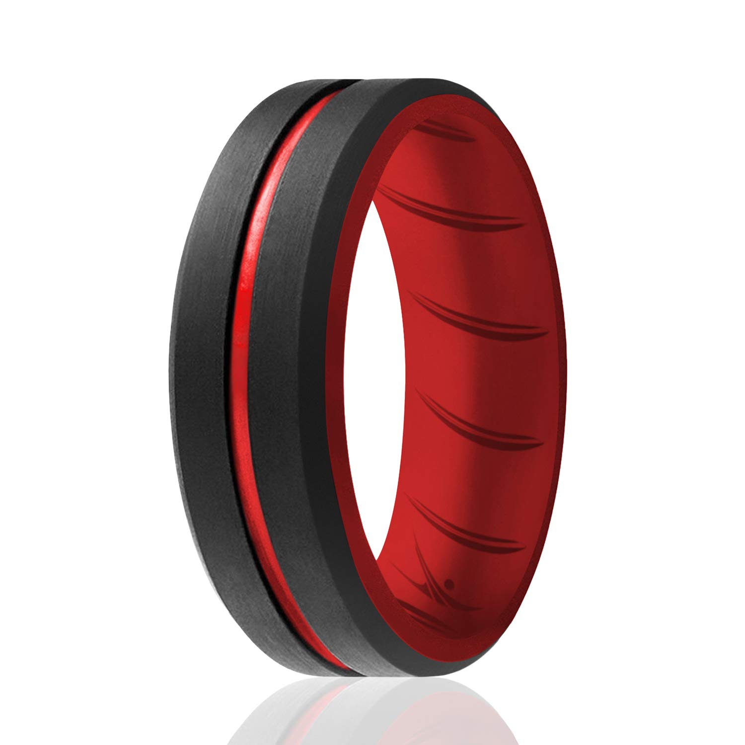 ROQ Silicone Rubber Wedding Ring for Men, Comfort Fit, Men's Wedding Band, Breathable Rubber Engagement Band, 8mm Wide 2mm Thick, Engraved Duo Middle Line, Single, Black & Red, Size 10
