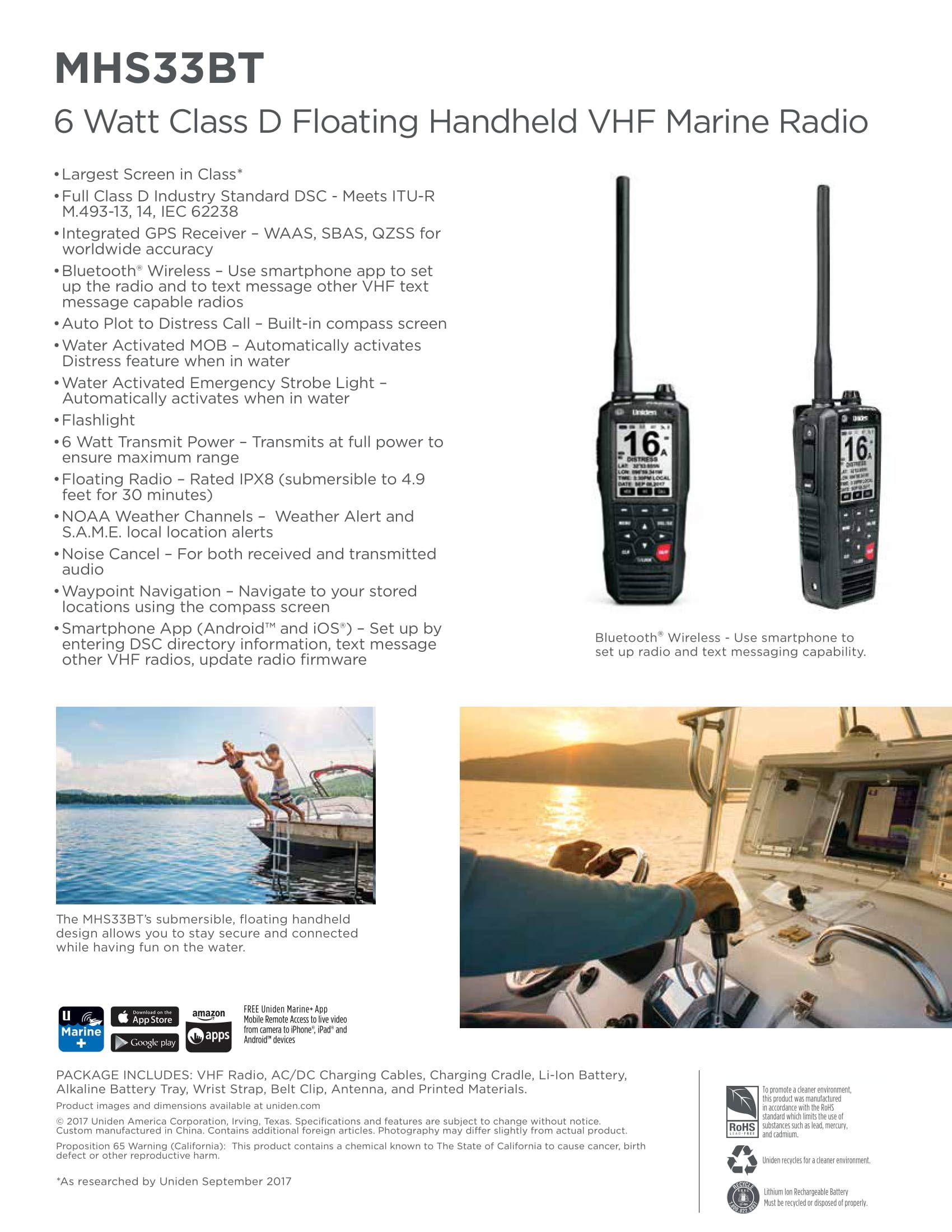 Uniden MHS335BT 6W Class D Floating Handheld VHF Marine Radio with Bluetooth, Text Message Directly To Other Vhf Text Message Capable Radios, IPX8 Submersible Design
