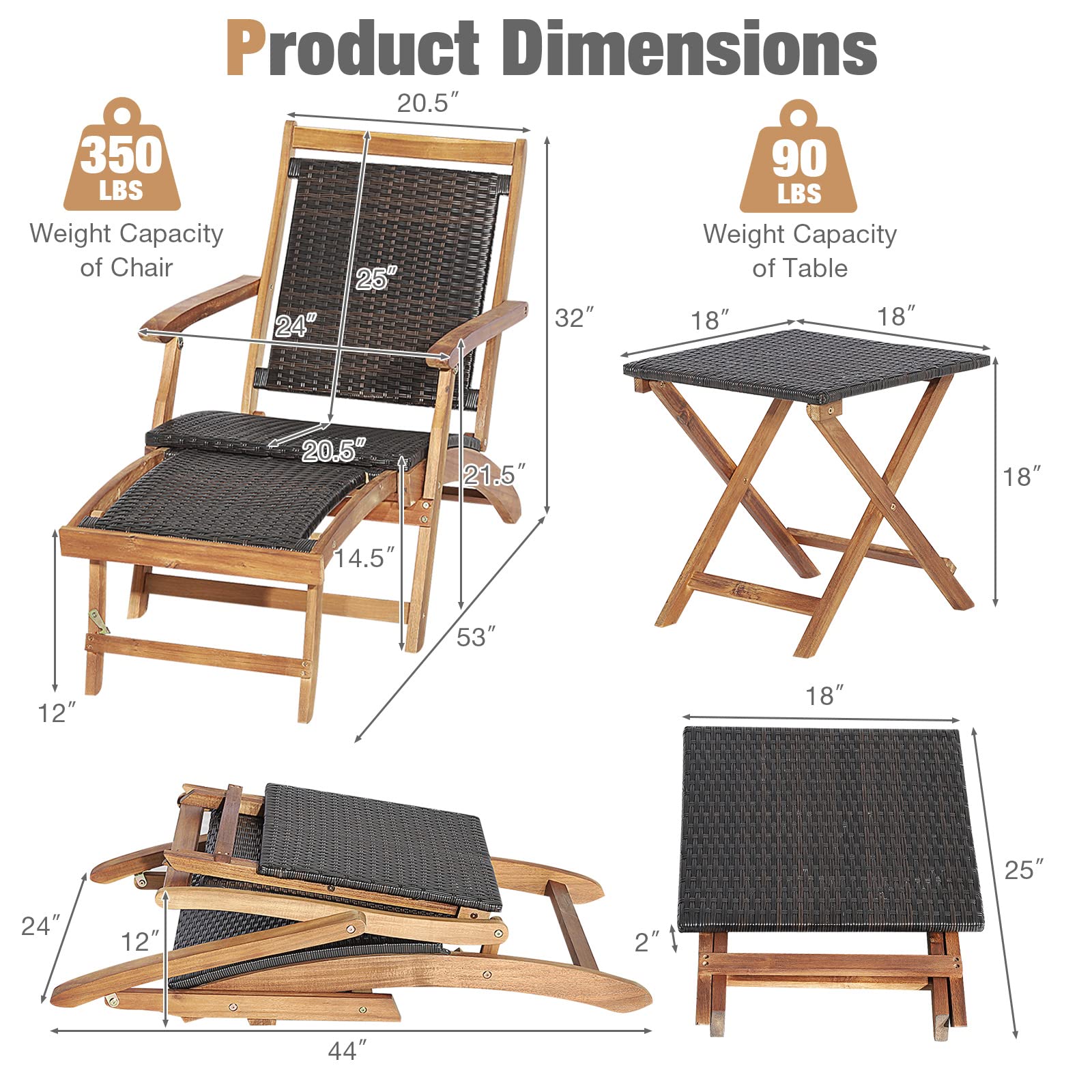 RELAX4LIFE Patio Lounge Chair Set - Outdoor Acacia Wood Chaise Lounge w/Side Table, Armrest & Retractable Ottoman, Rattan Seat, Tabletop, Quick Folding Sunbathing Chair for Backyard, Poolside (2)